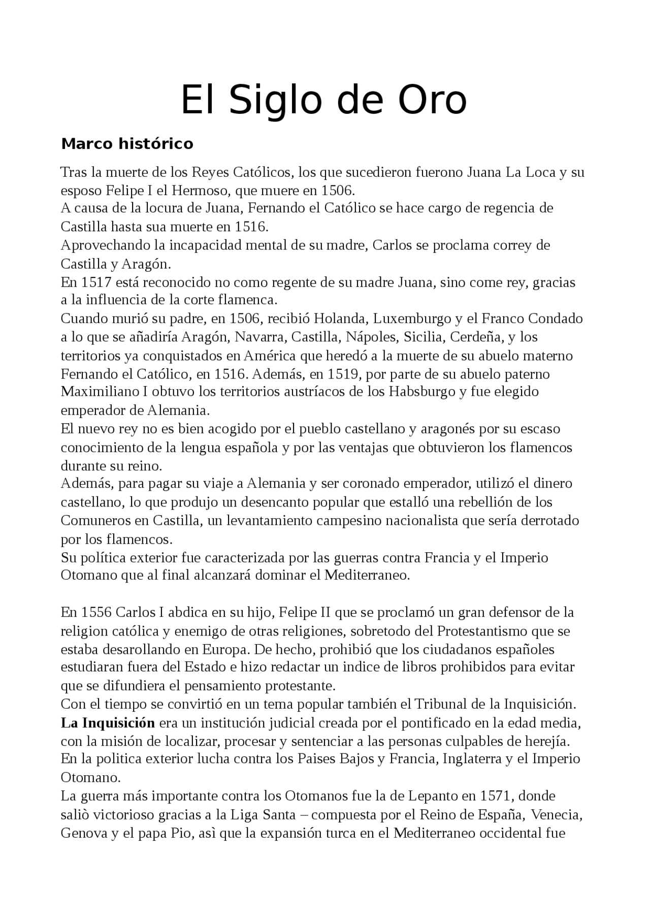 El siglo de oro - contexto historico y literario | Appunti di Spagnolo ...