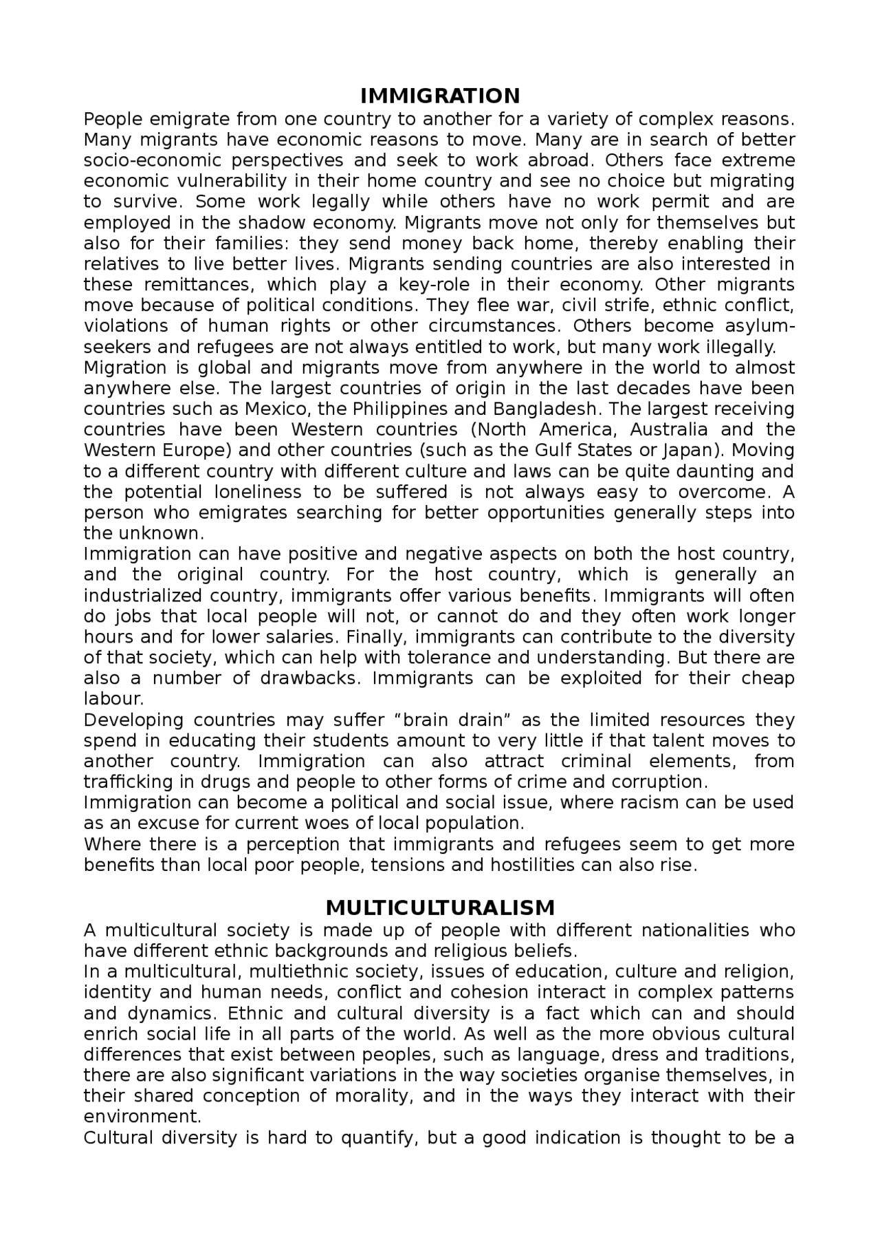 Multiculturalism and Immigration - Docsity