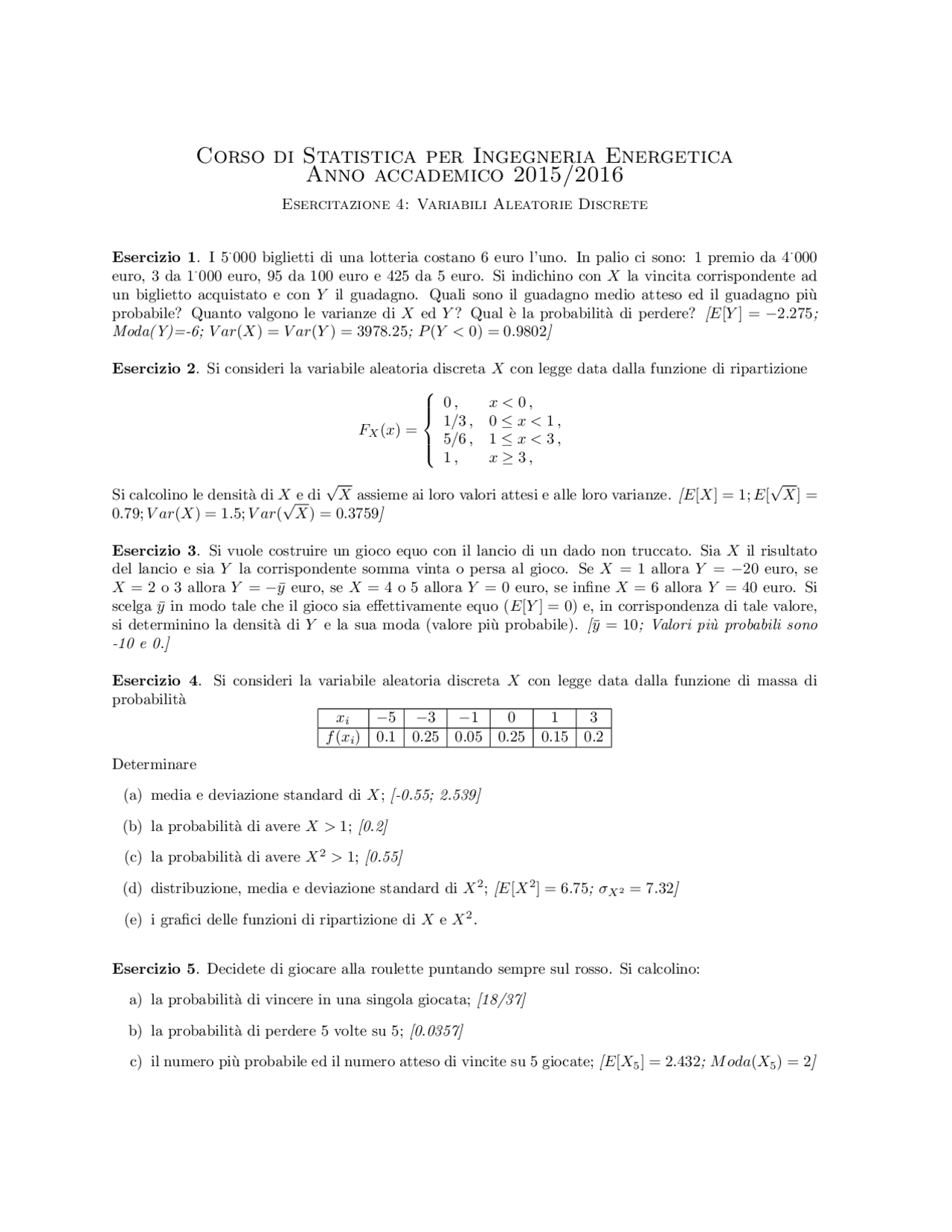Esercitazioni Statistica Esercizi Di Statistica Docsity