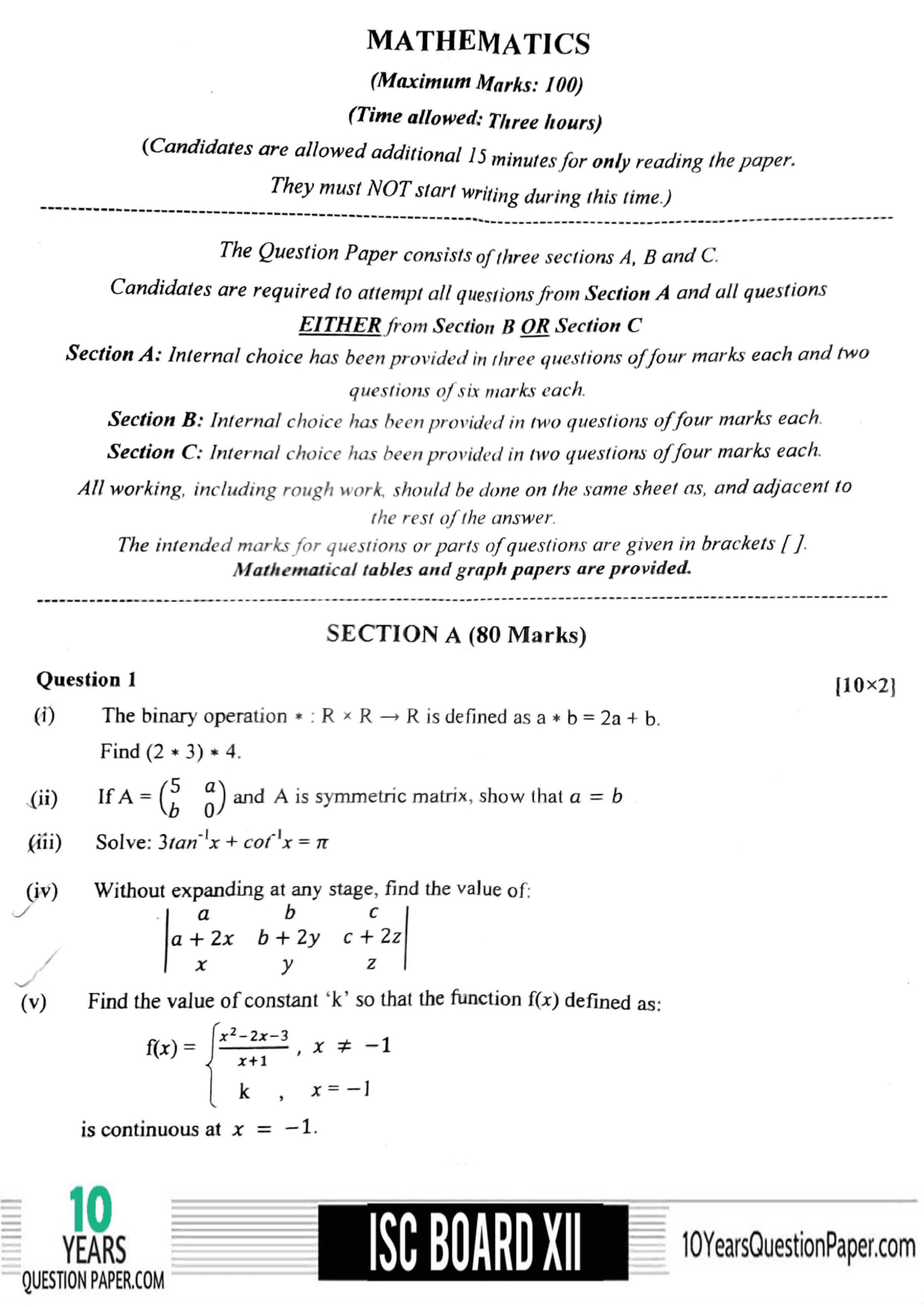 Maths Isc Question Paper Docsity