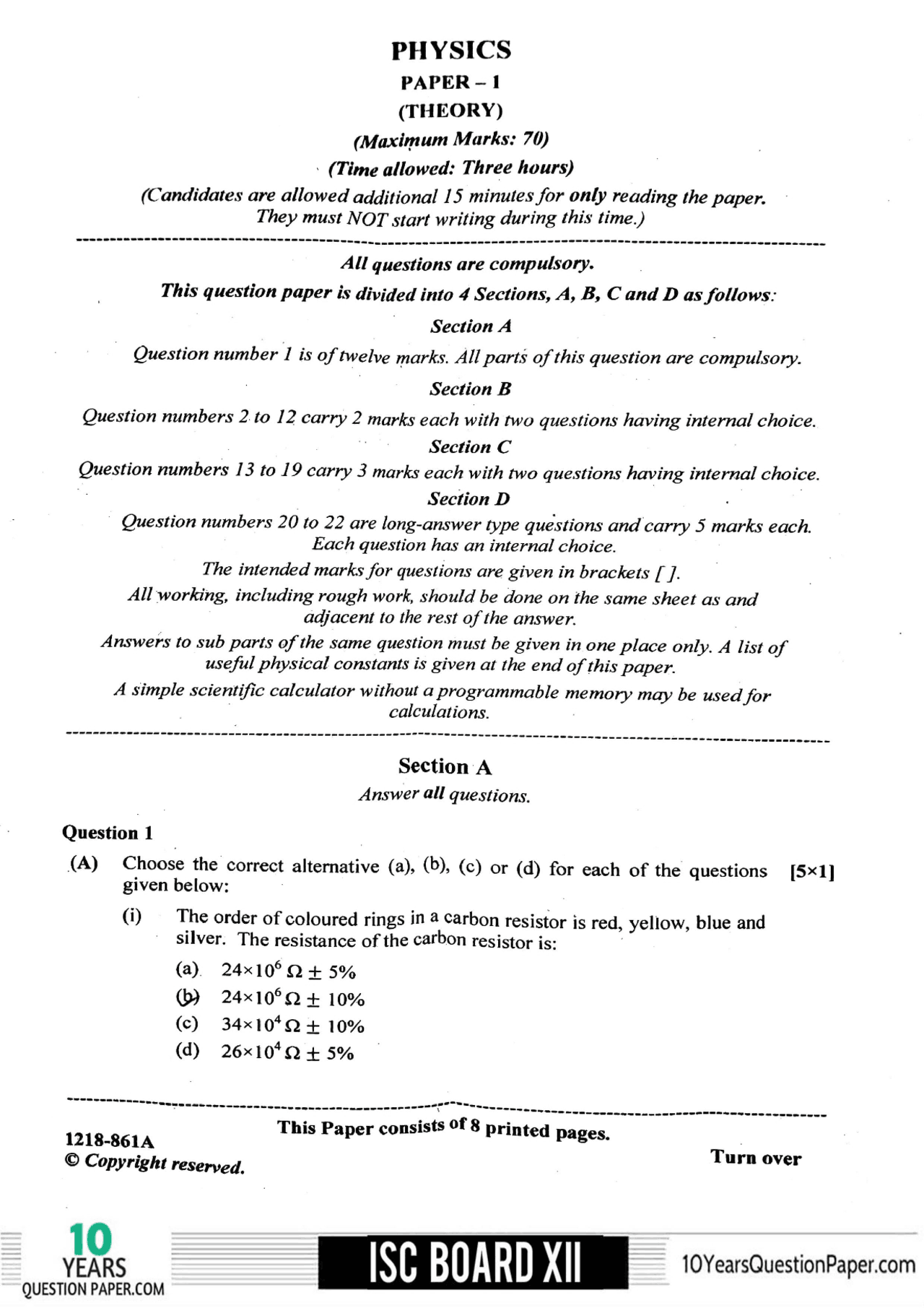 Physics Isc Board Question Paper 12 Docsity