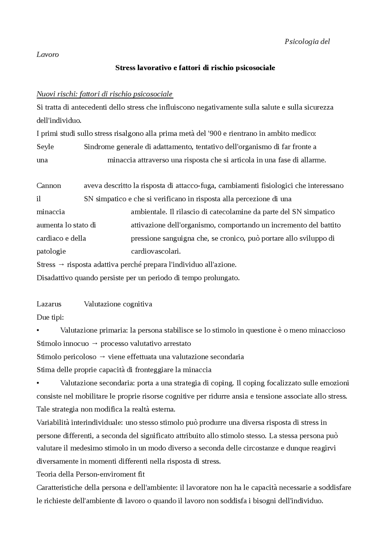 Psicologia del lavoro Stress e Rischi psicosociali - Docsity