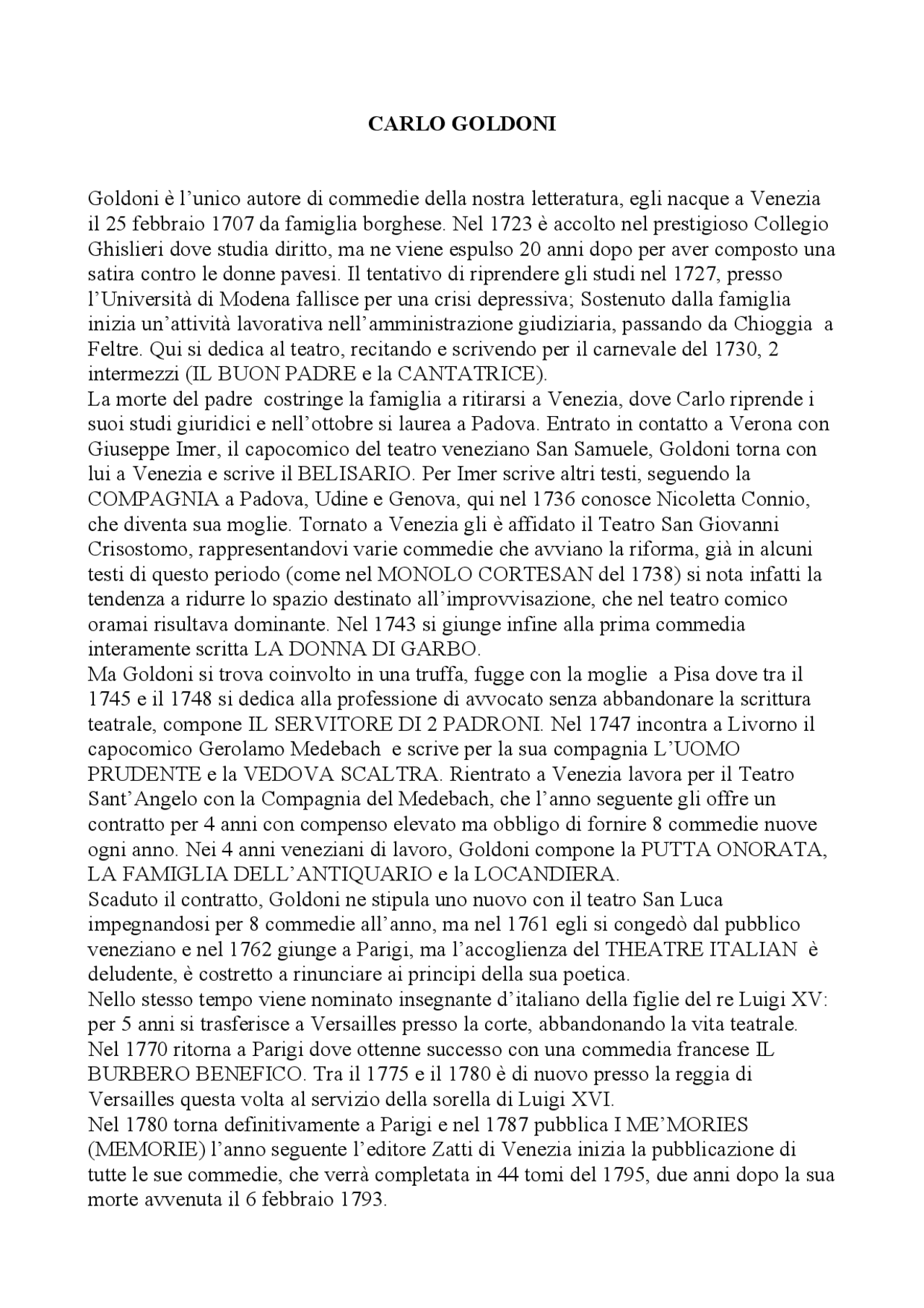 Carlo Goldoni Vita E Opere Docsity