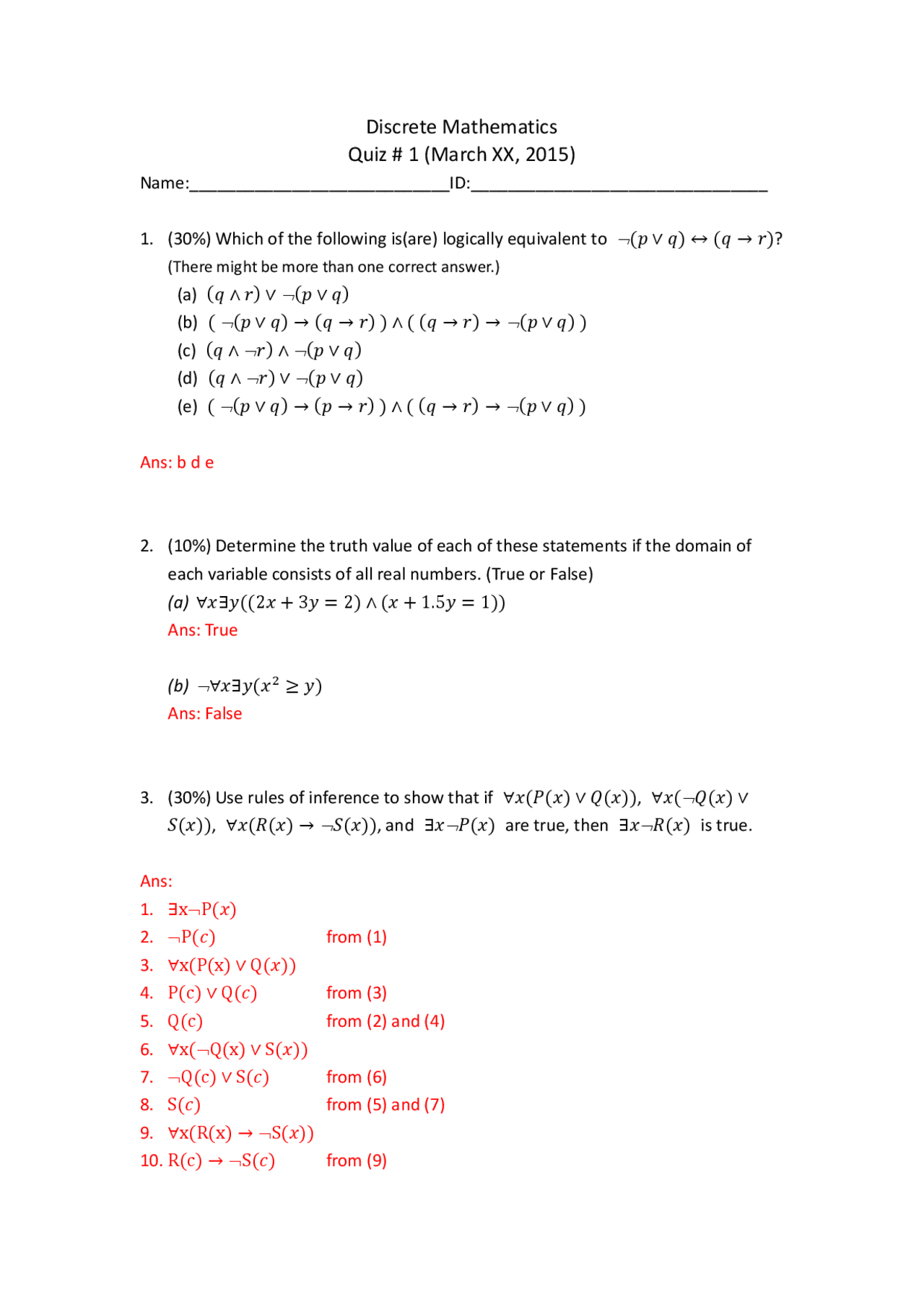 Discrete Math Quizdiscrete Math Quiz Exercises Discrete Mathematics Docsity