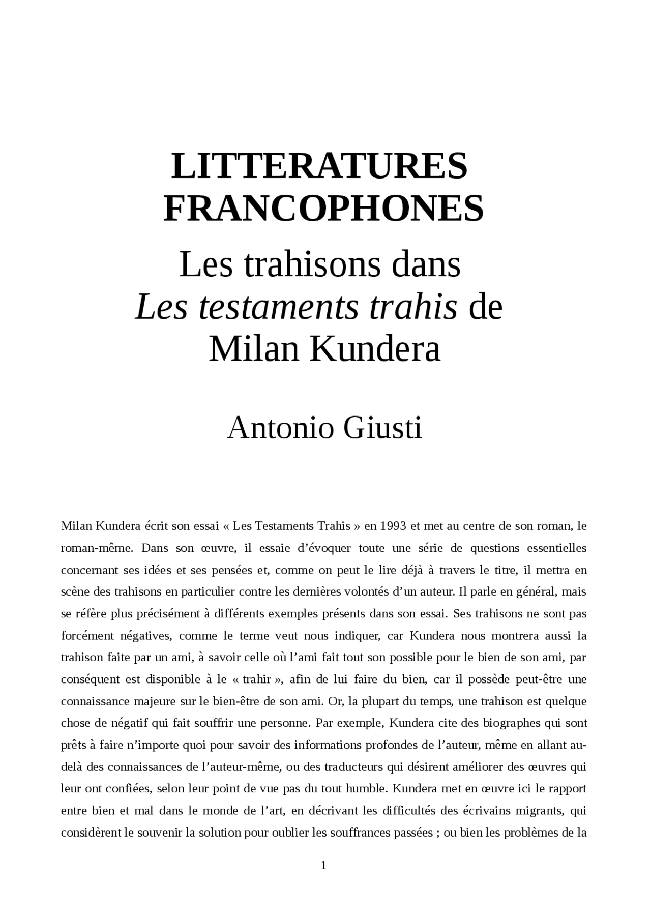 Kundera E I Testamenti Traditi Docsity