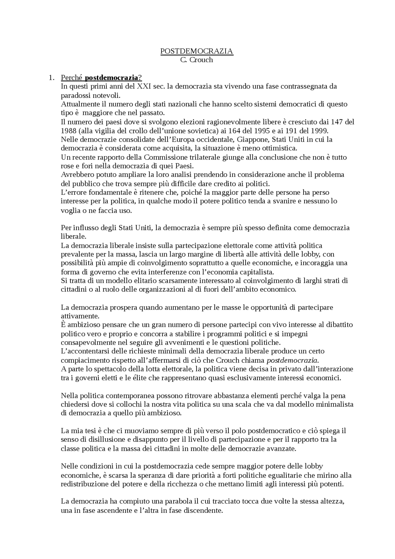 Postdemocrazia, Colin Crouch. - Docsity