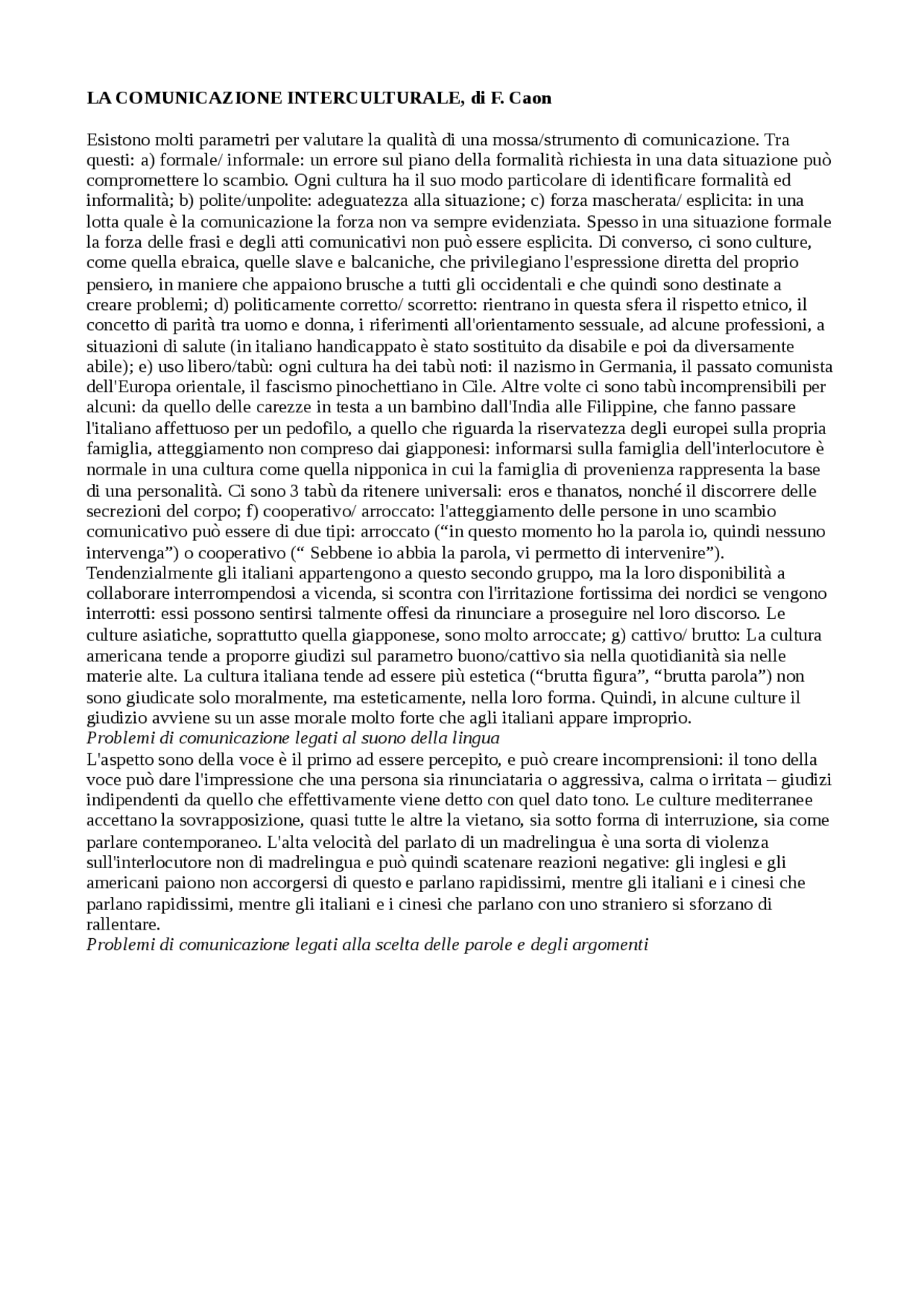 Riassunto Di La Comunicazione Interculturale Docsity