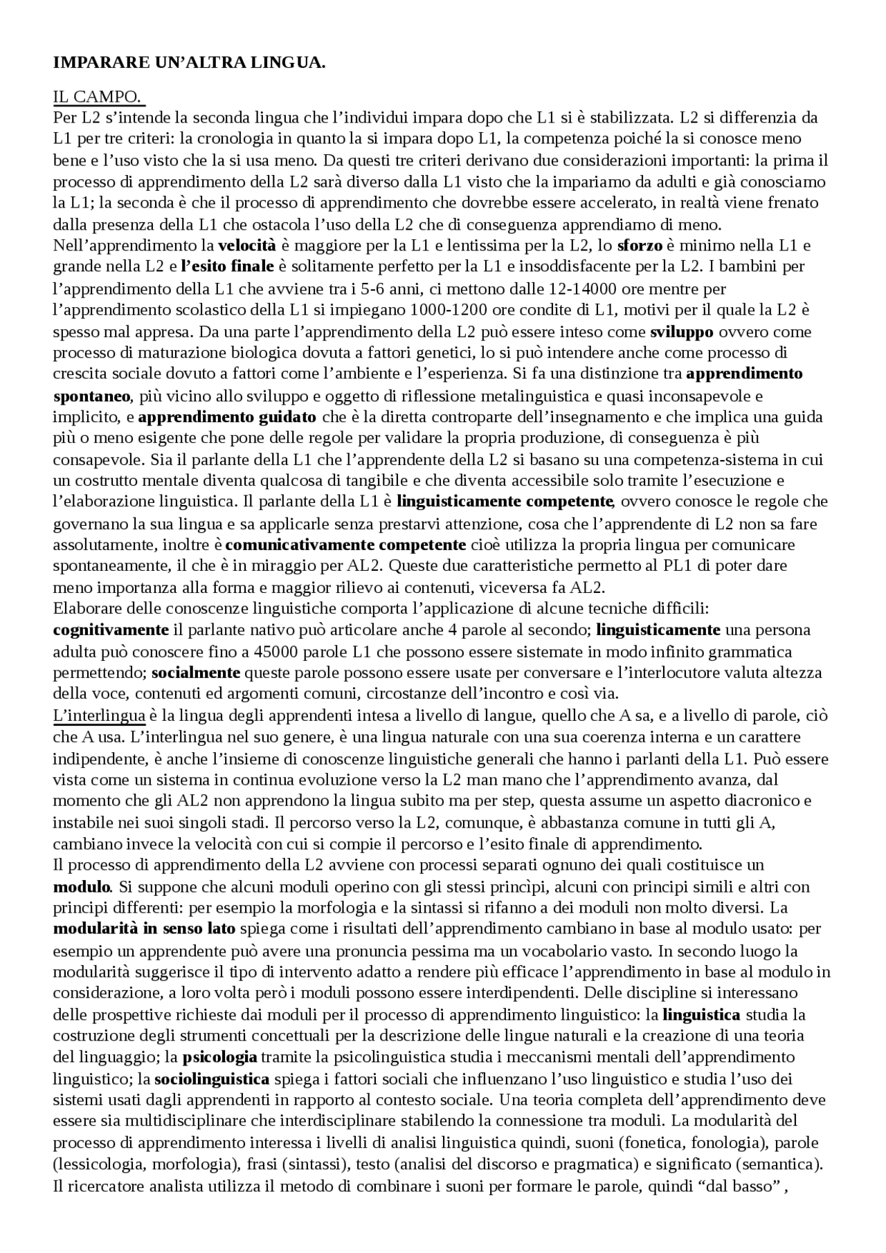 Riassunto Libro Imparare Unaltra Lingua Docsity