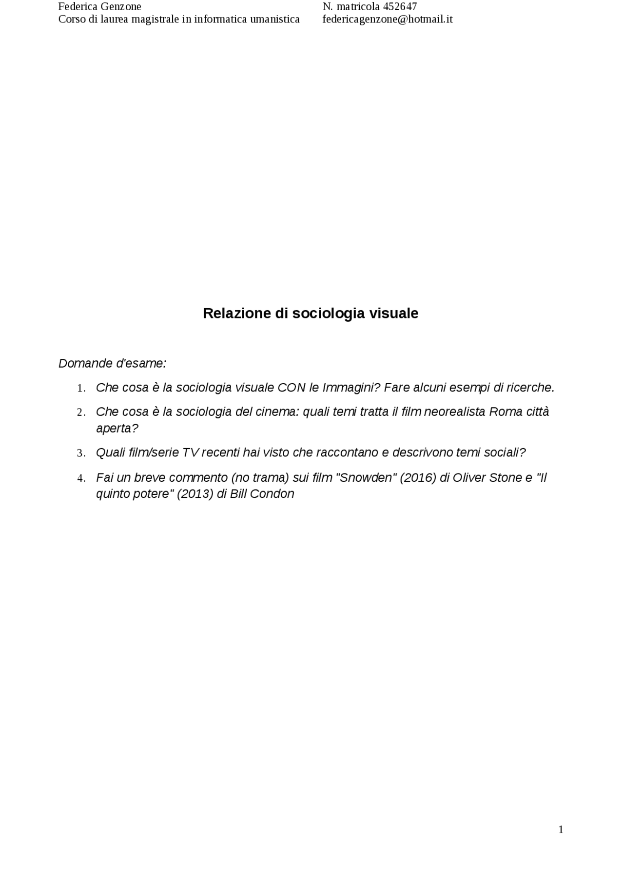 Relazione Di Sociologia Visuale Prof Alpini Docsity