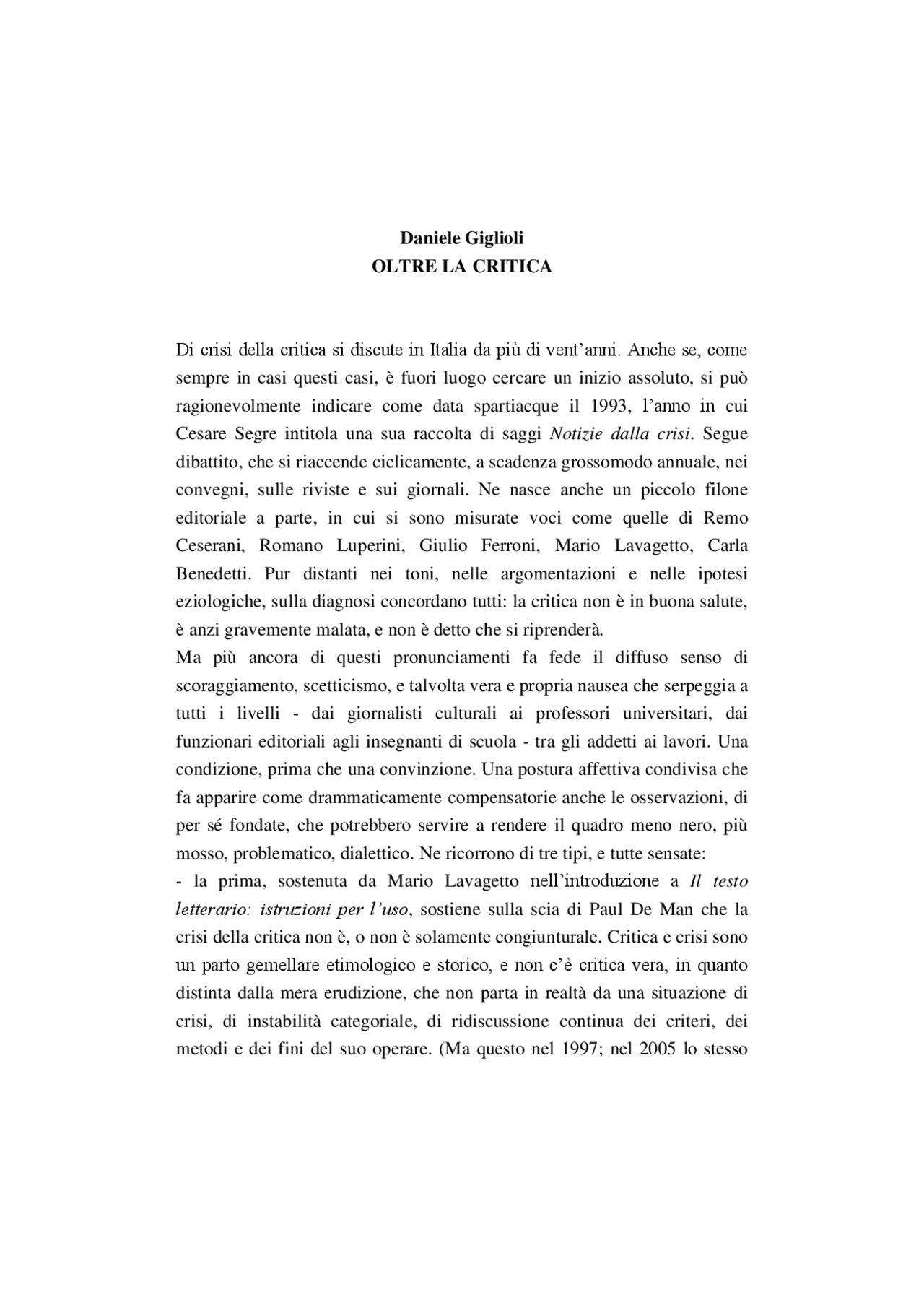Oltre La Critica Saggio Docsity
