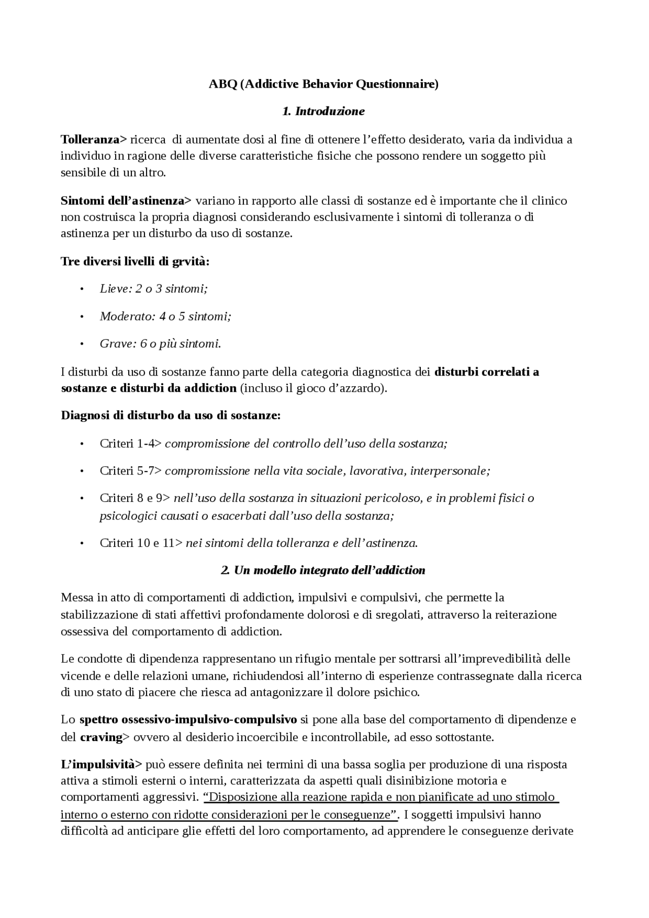 Riassunto del manuale "ABQ - Addictive Behavior Questionnaire ...
