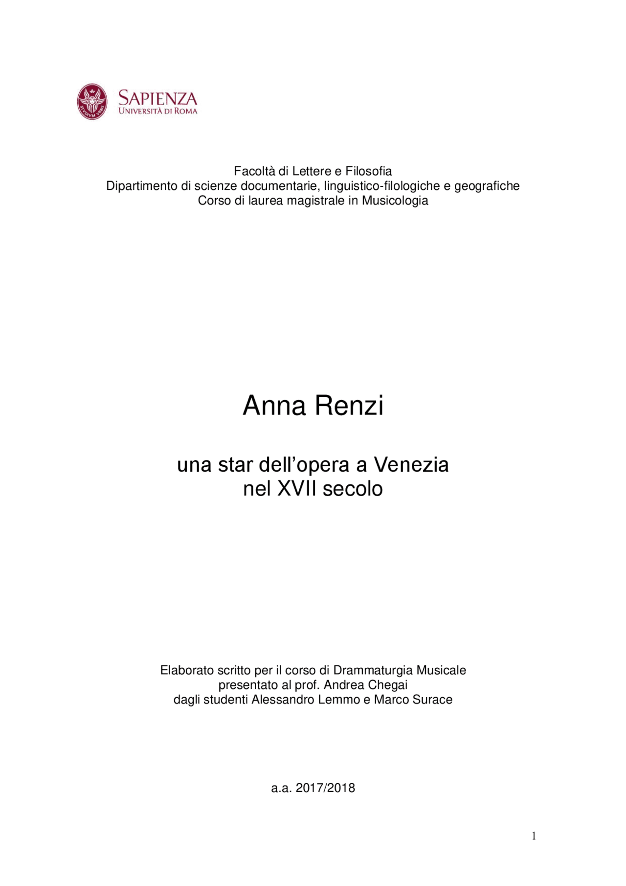 Anna Renzi - una star dell'opera del '600 - Docsity