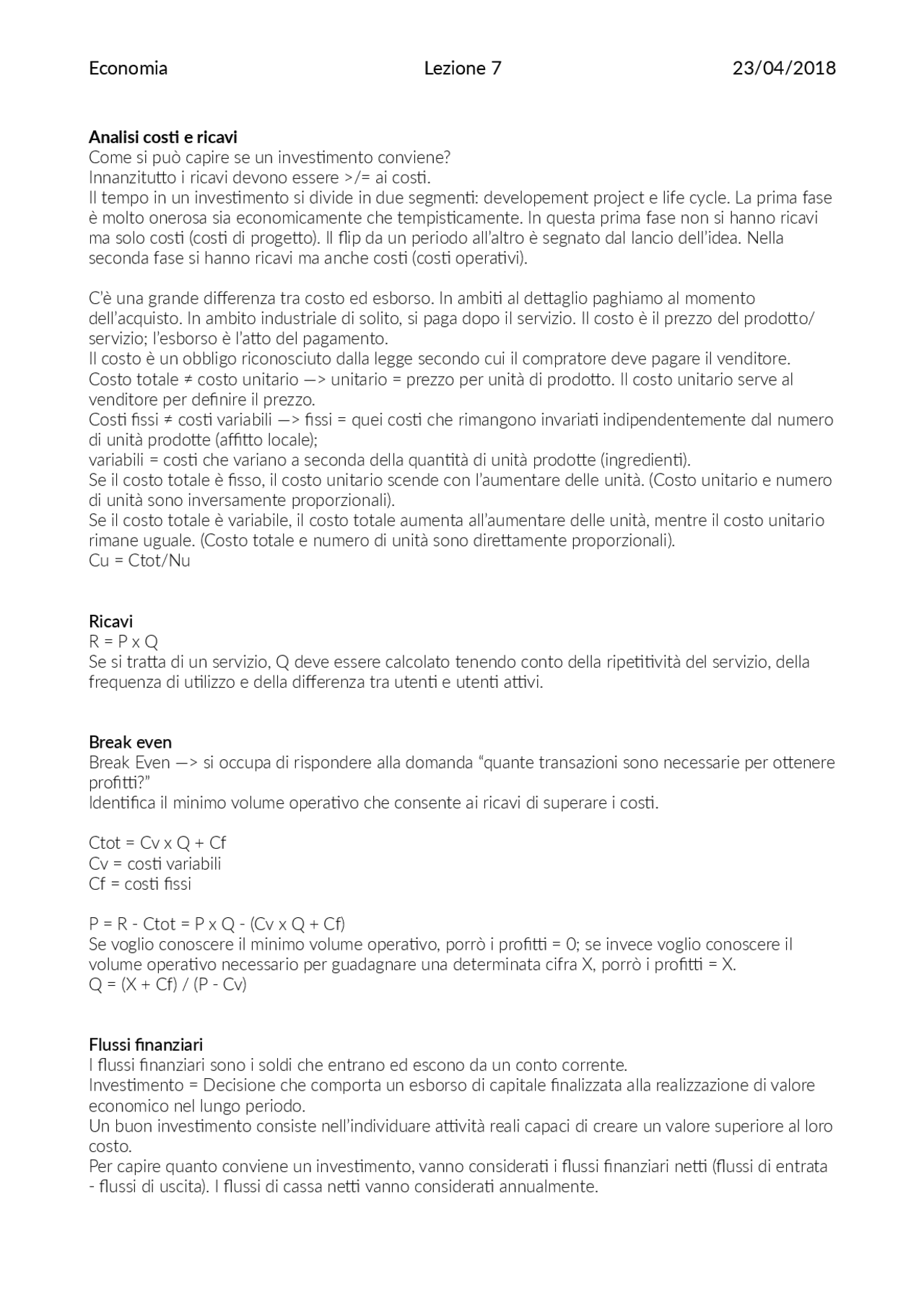 Analisi Dei Costi E Dei Ricavi Docsity