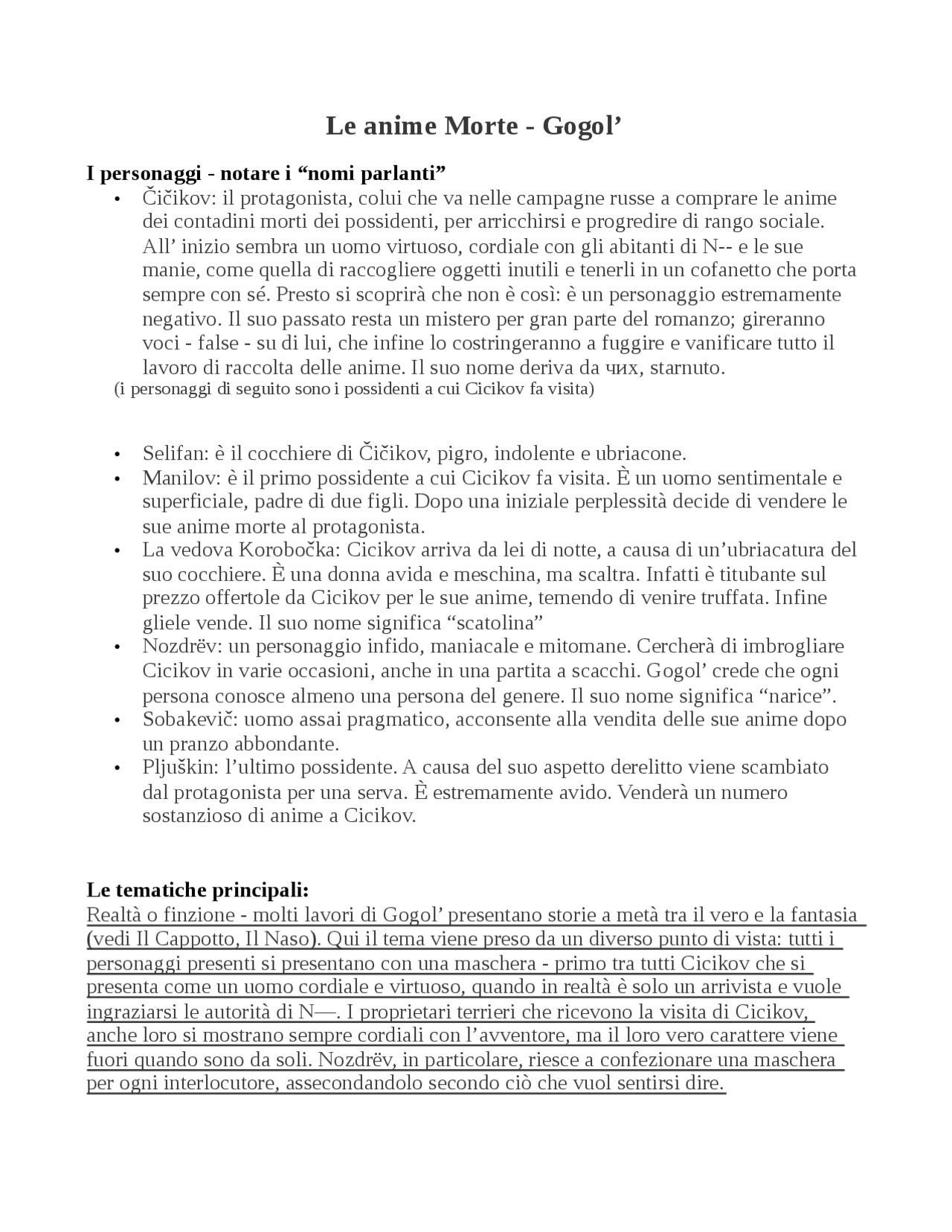 Appunti Su Le Anime Morte Di Gogol Docsity