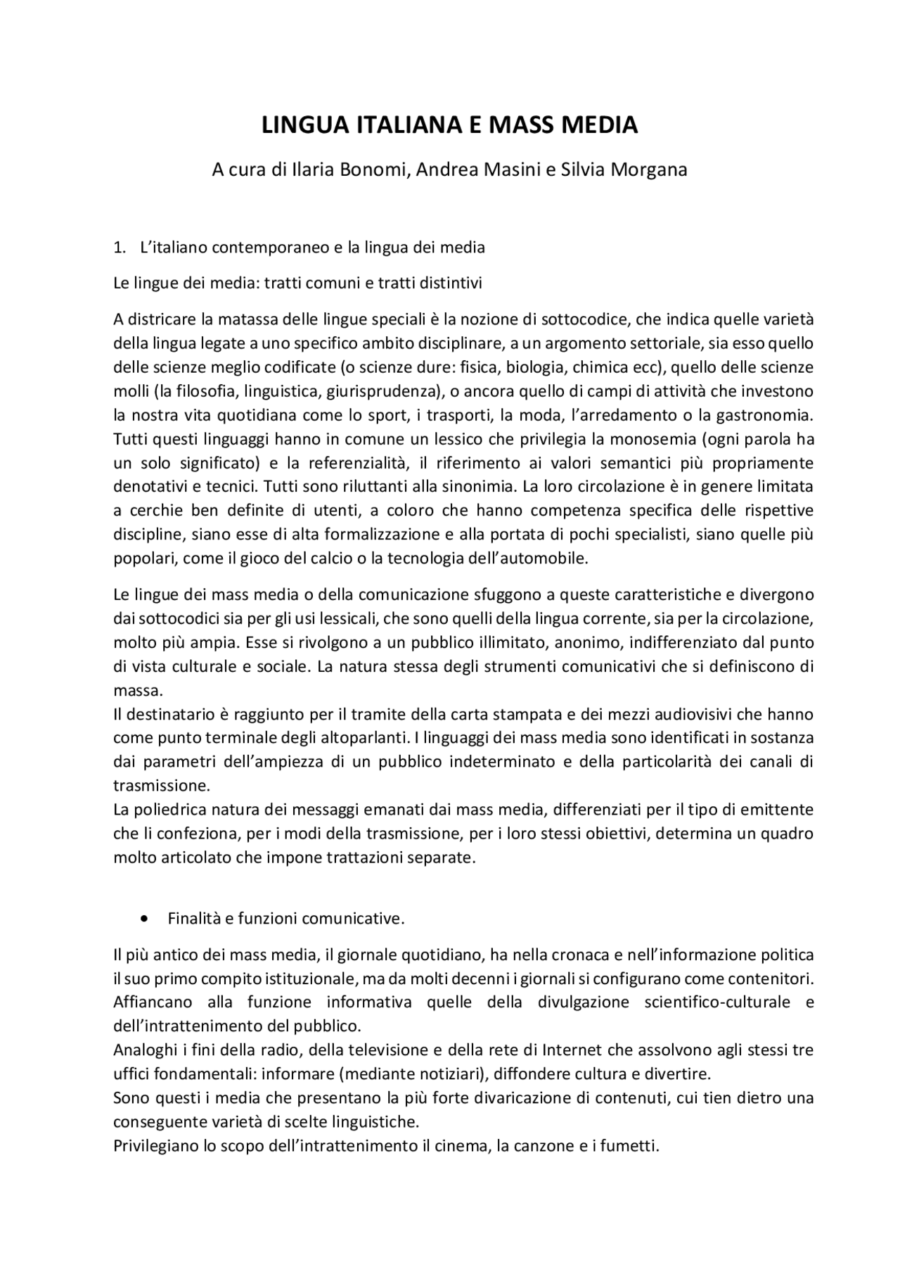 La lingua italiana e i mass media - Docsity