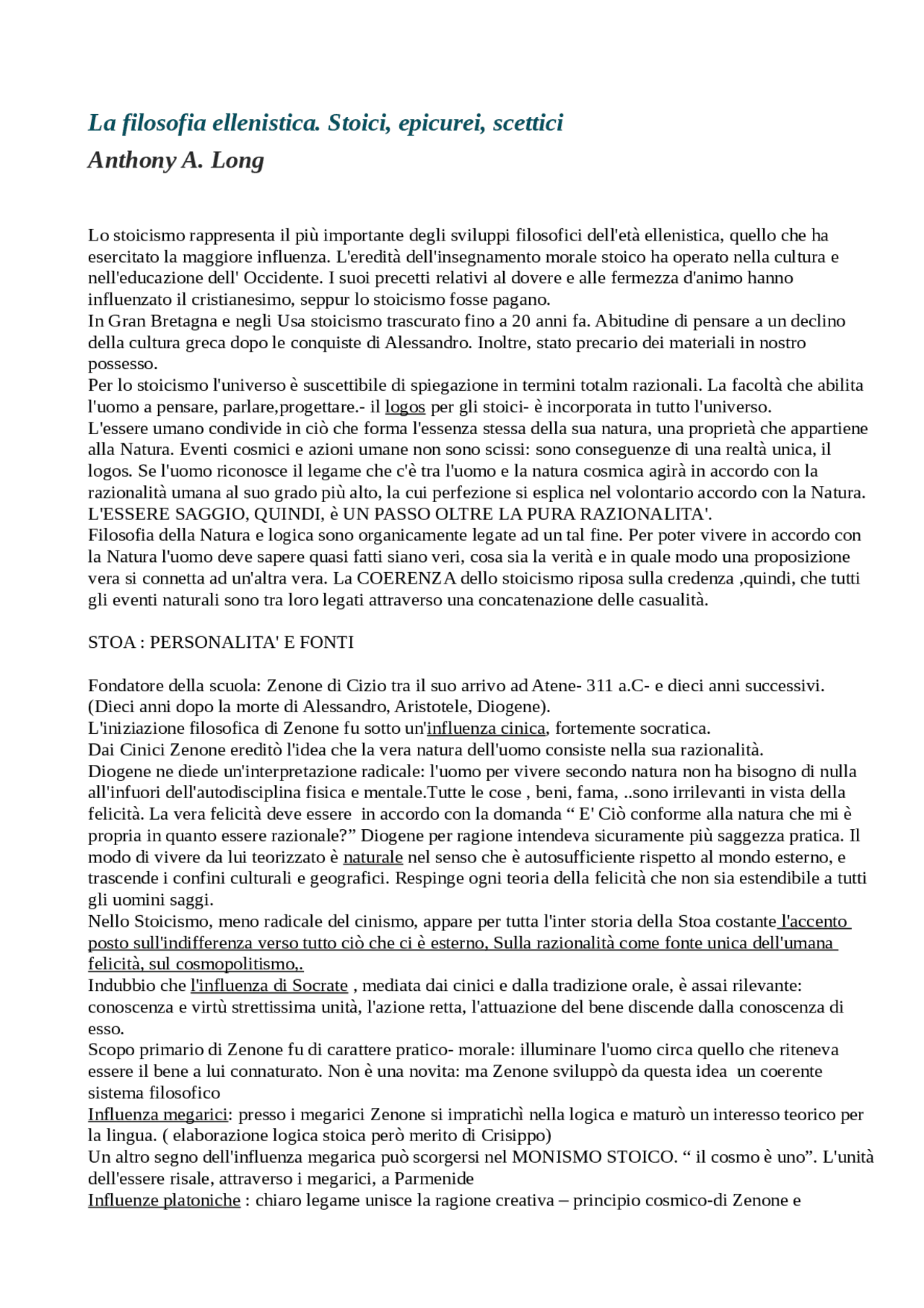 Lo Stoicismo Di Anthony Long Docsity