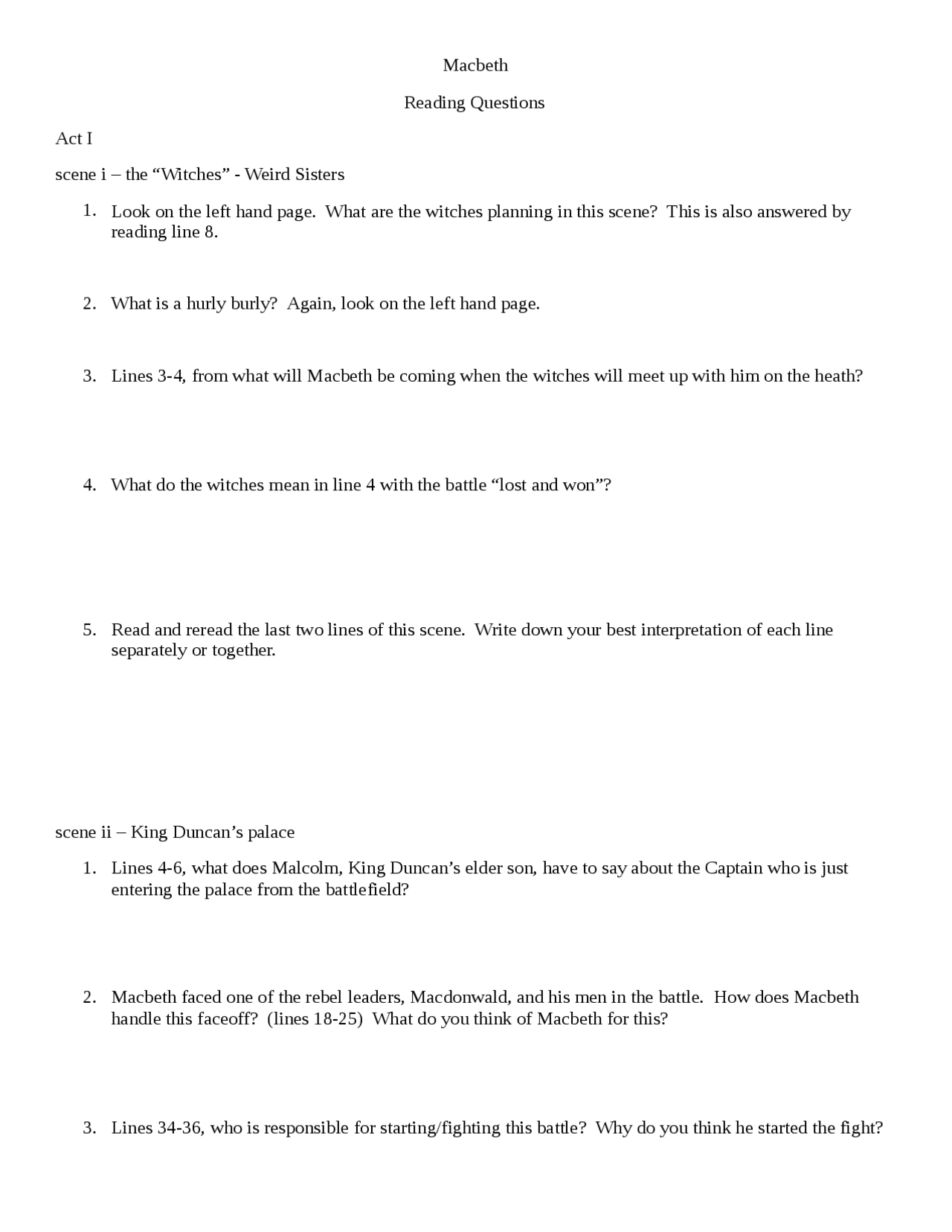 Macbeth, reading questions | Appunti di Lingua Inglese | Docsity