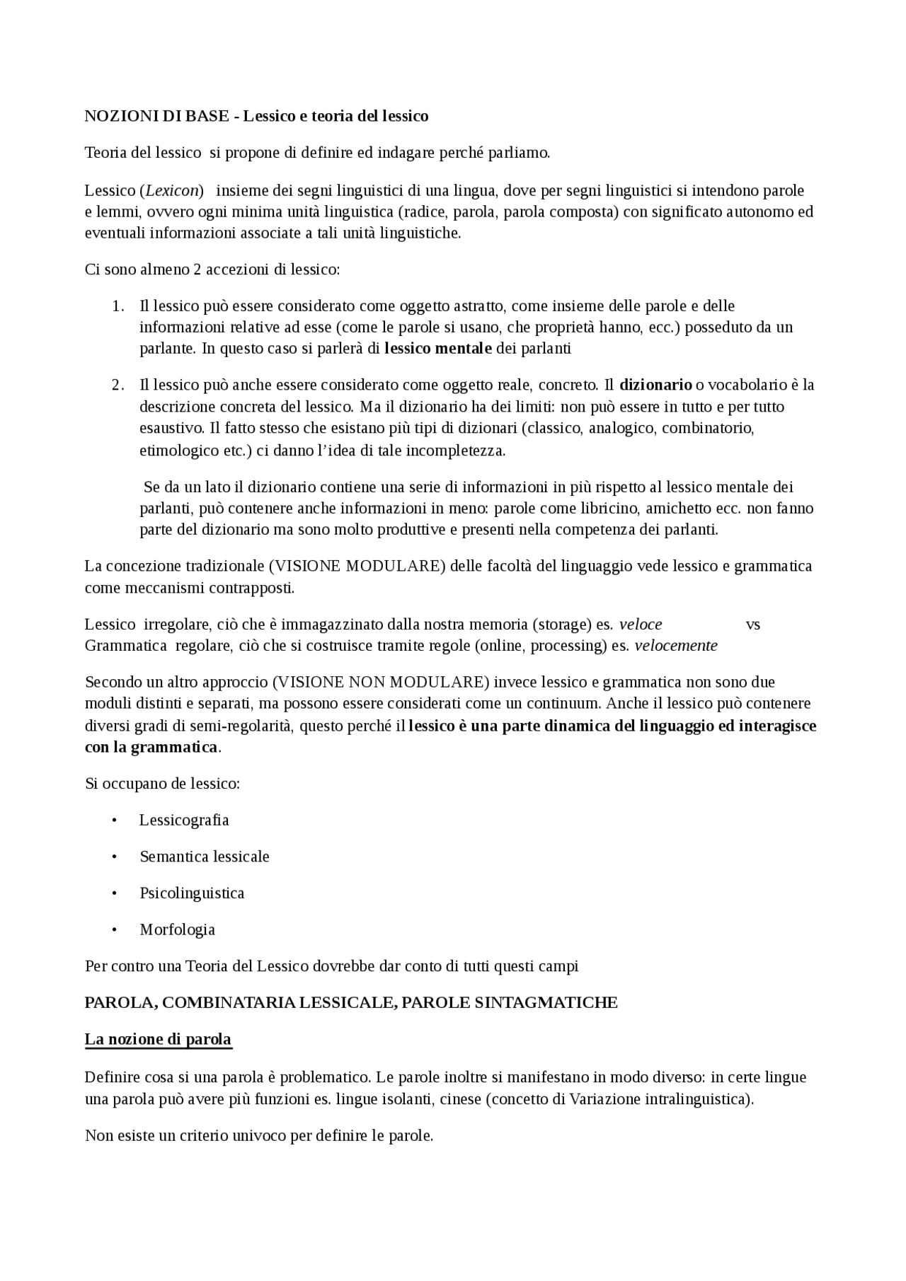 Lessico Classe Di Parole Strutture E Combinazioni E Jezek Docsity