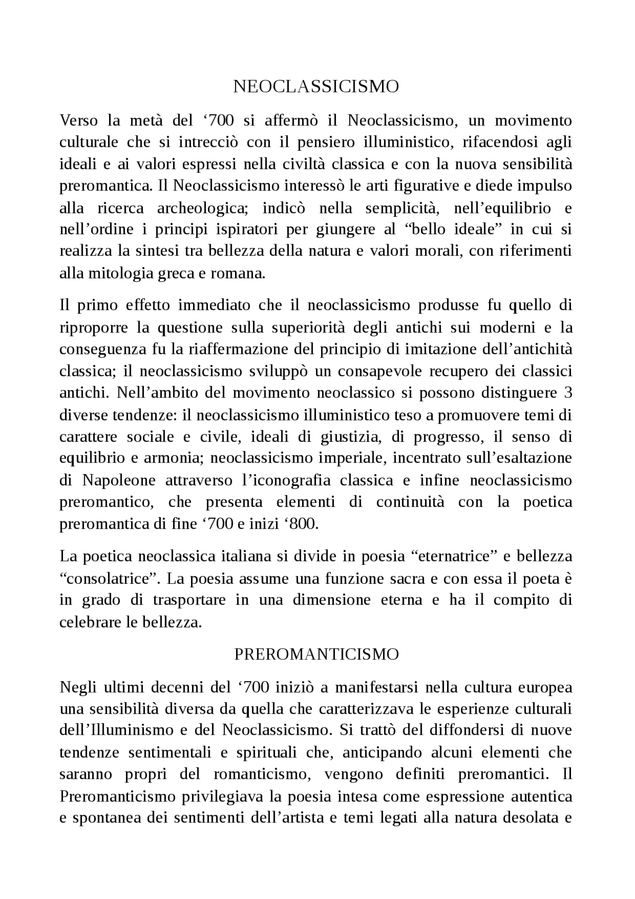 Il Neoclassicismo E Il Preromanticismo Docsity