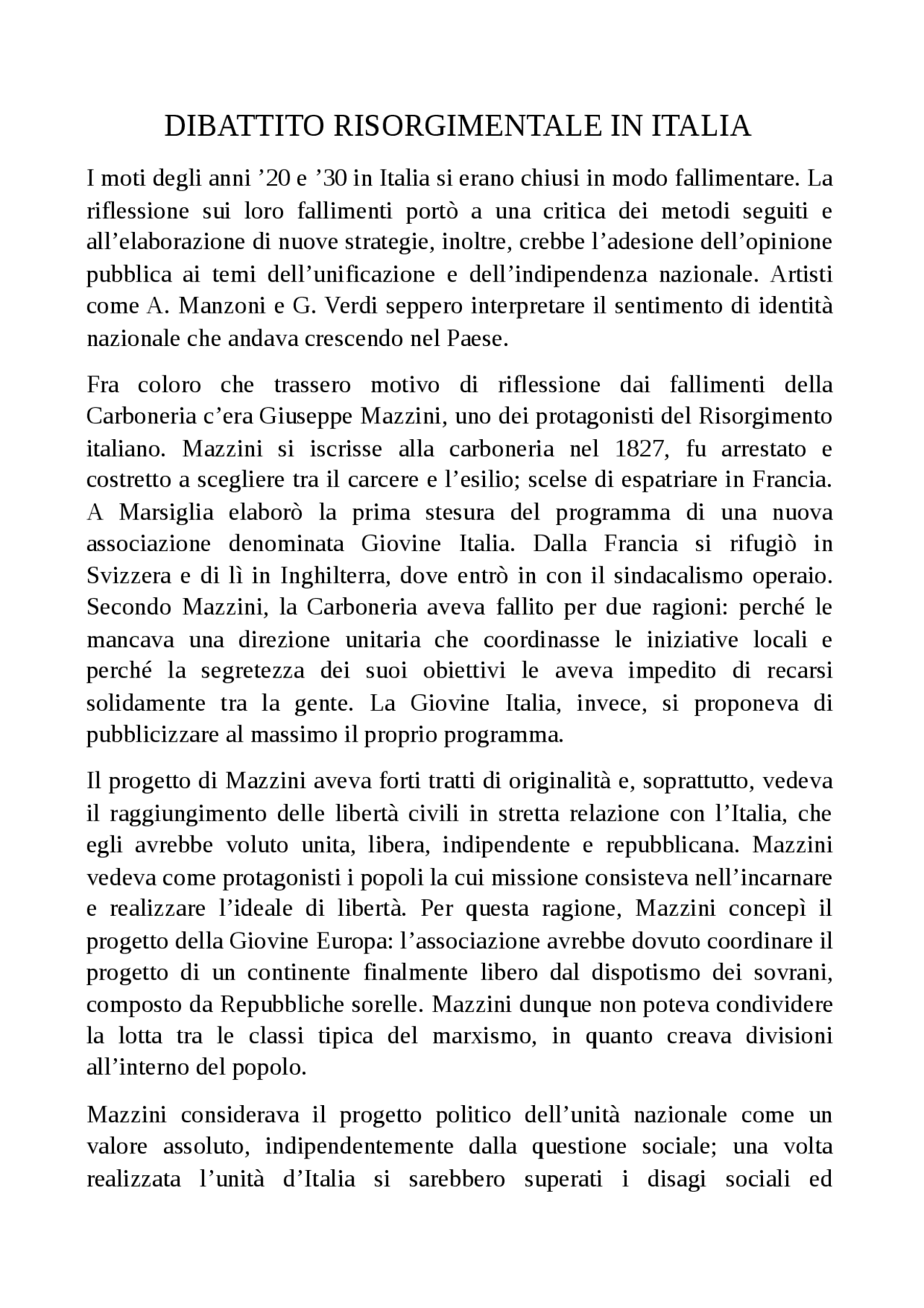 Dibattito risorgimentale in Italia - Docsity