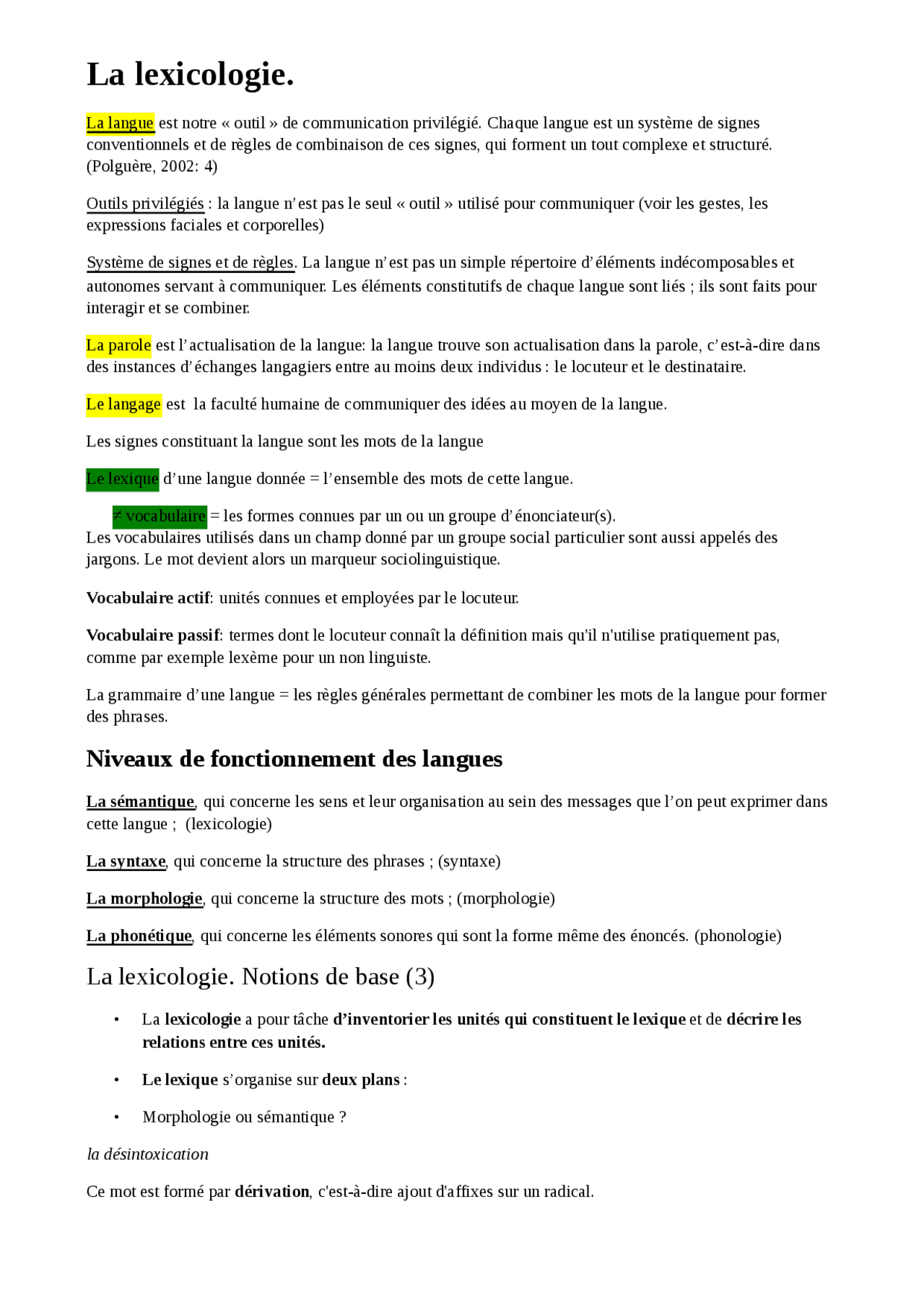 Lexicologie Morphologie Et Syntaxe Docsity
