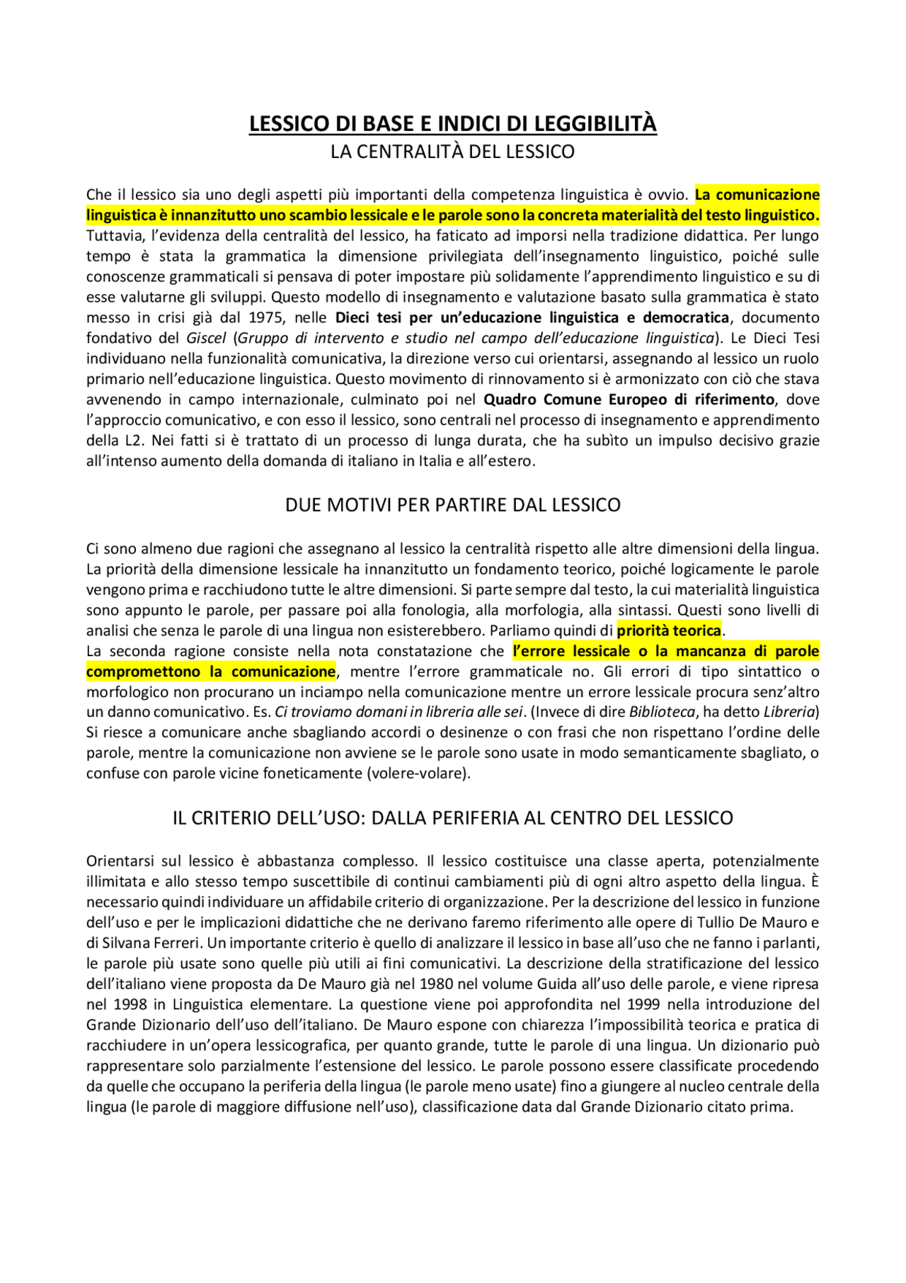 Lessico Di Base E Indici Di Leggibilità Riassunti Docsity