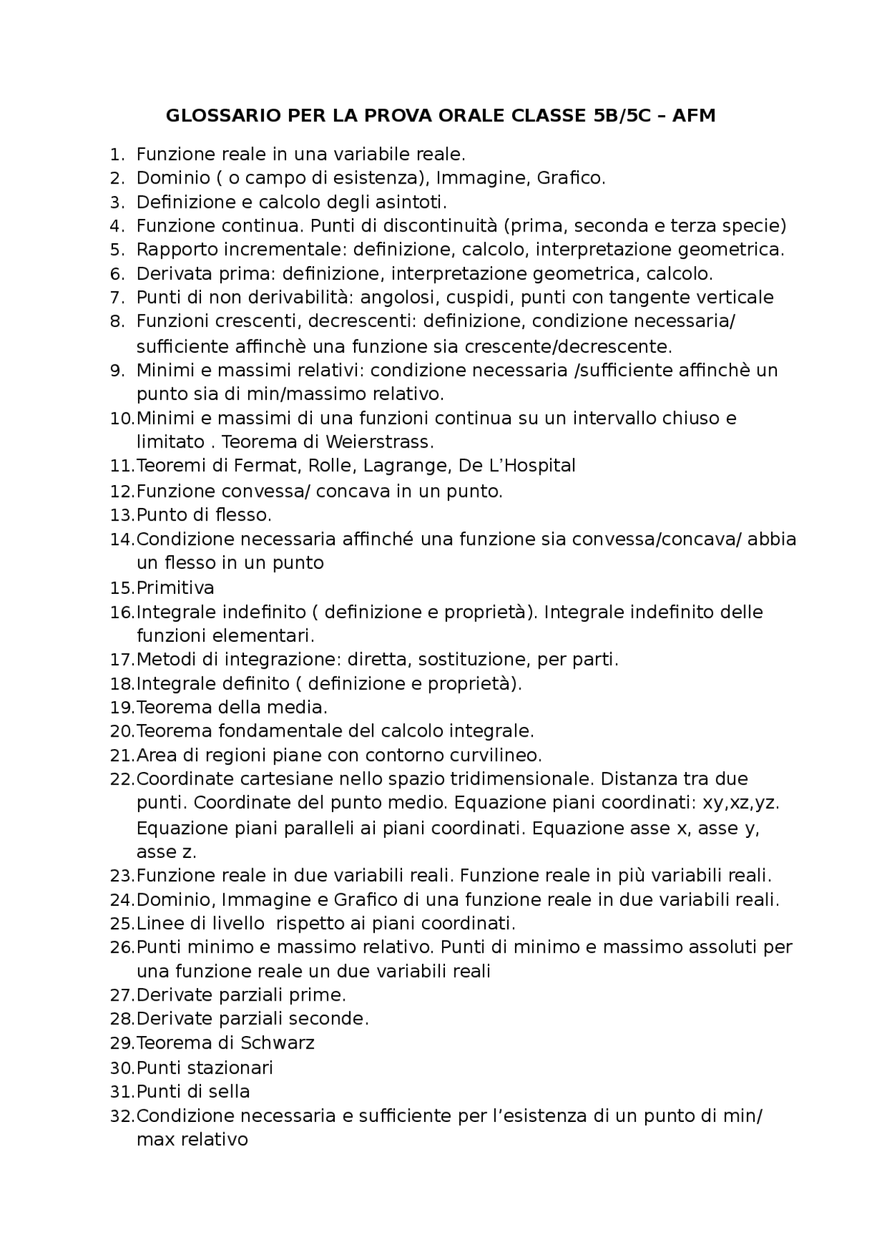 Glossario Prova Orale Matematica Docsity