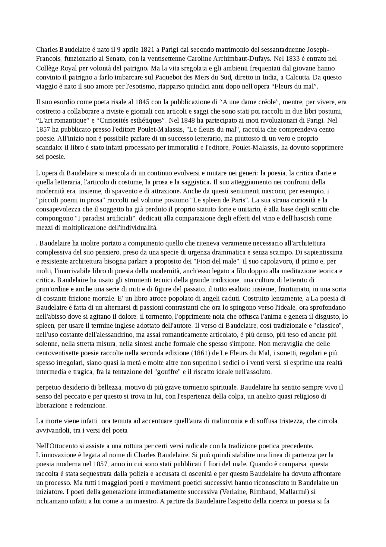 Baudelaire Riassunto Docsity