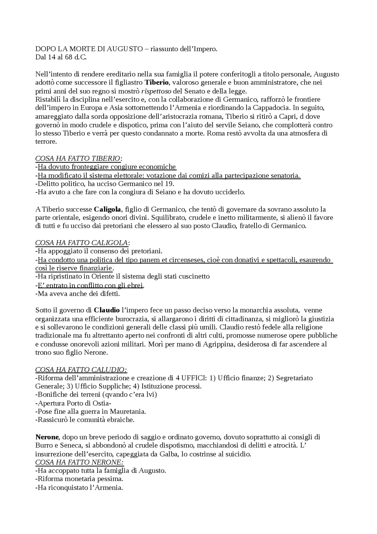 Dopo la morte di Augusto - Docsity