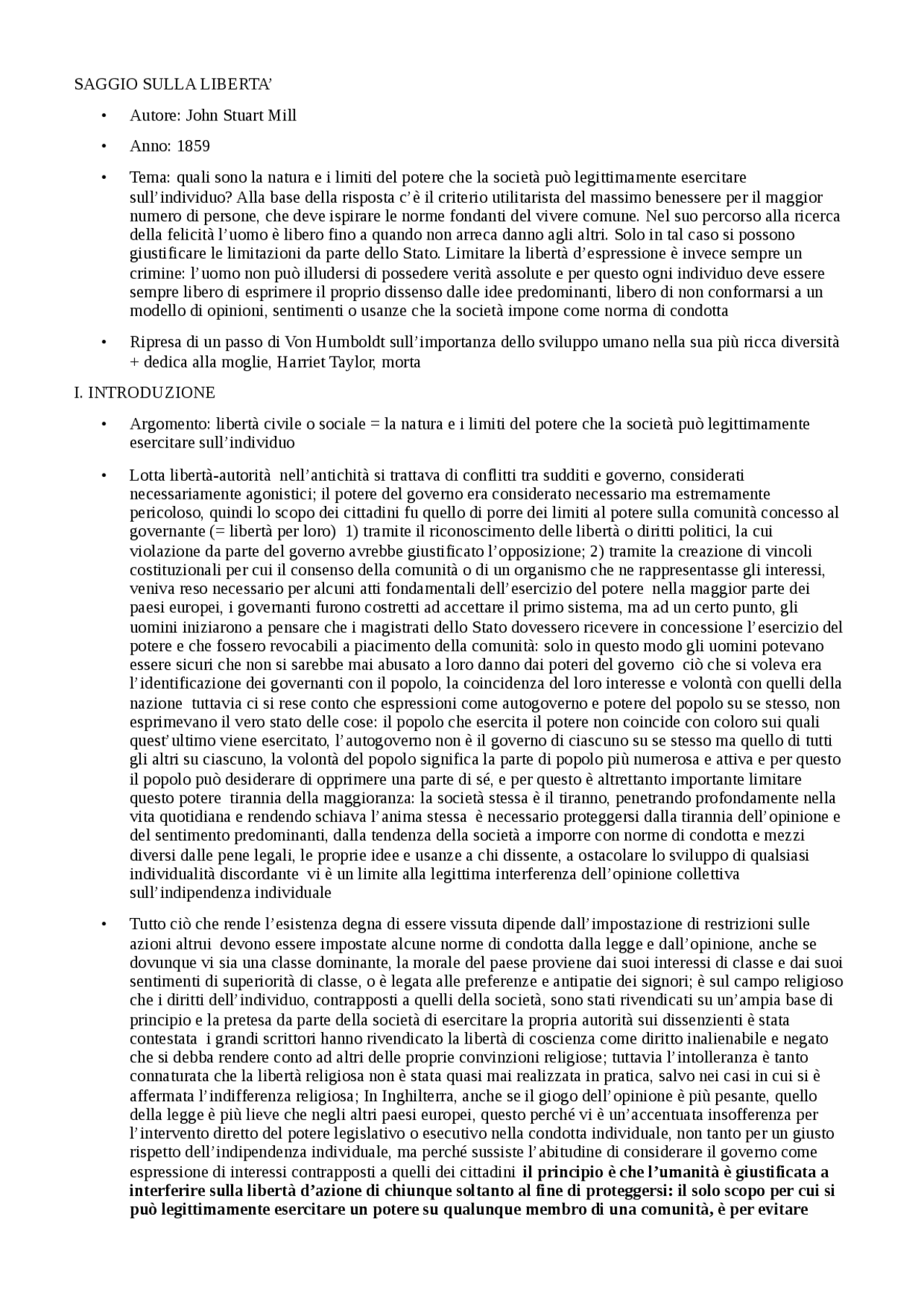 SAGGIO SULLA LIBERTA' - JOHN STUART MILL - Docsity