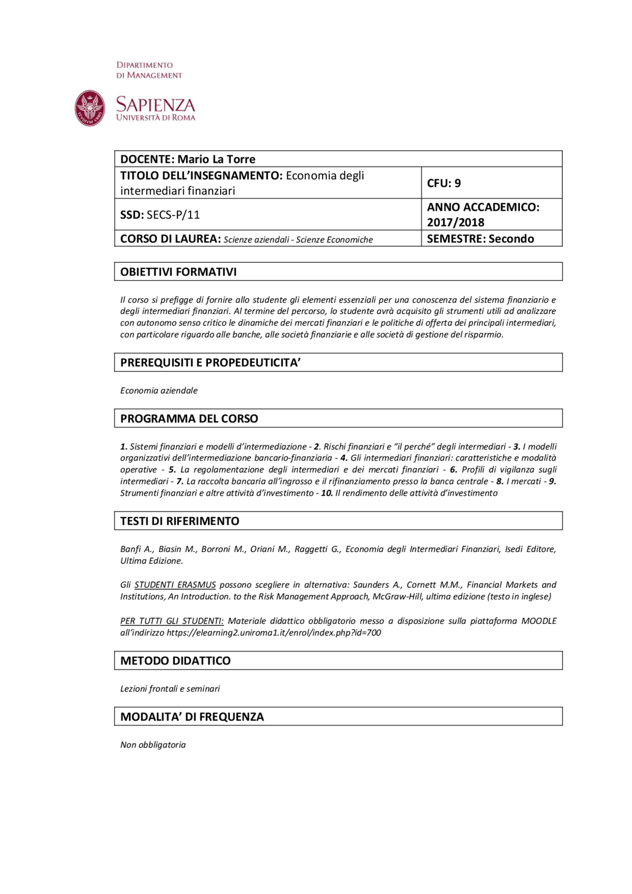 Programma esame La torre mario | Guide, Progetti e Ricerche di Economia degli Intermediari ...