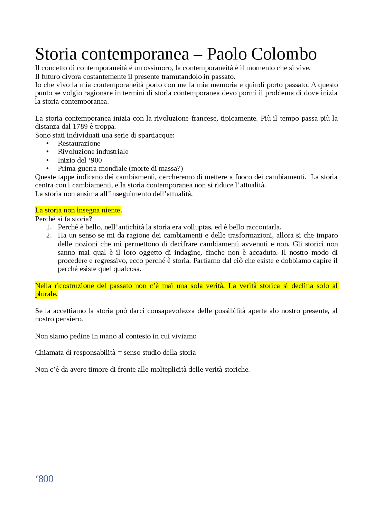 Storia Contemporanea Colombo Primo Semestre Docsity