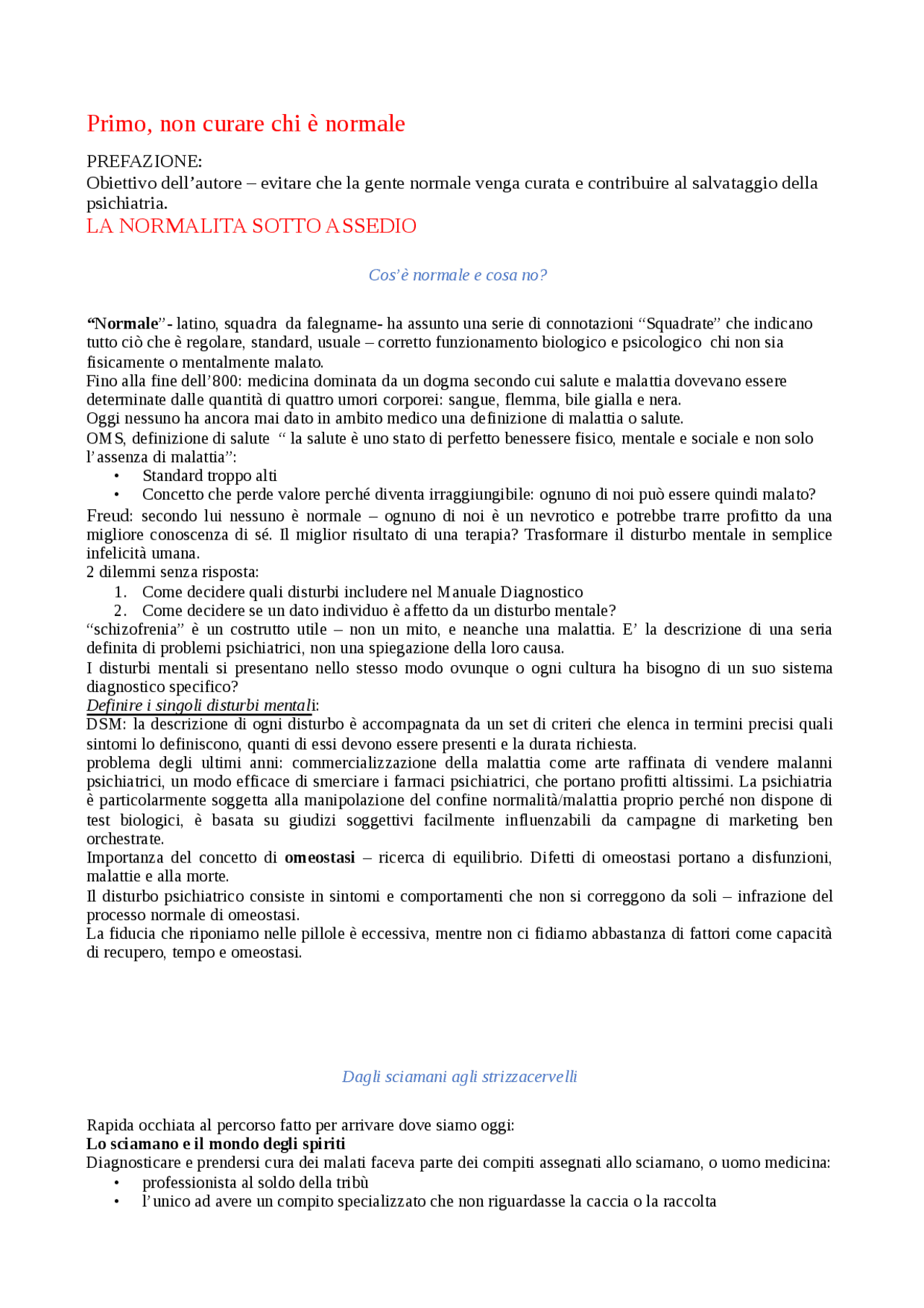 Riassunto Primo Non Curare Chi è Normale Docsity