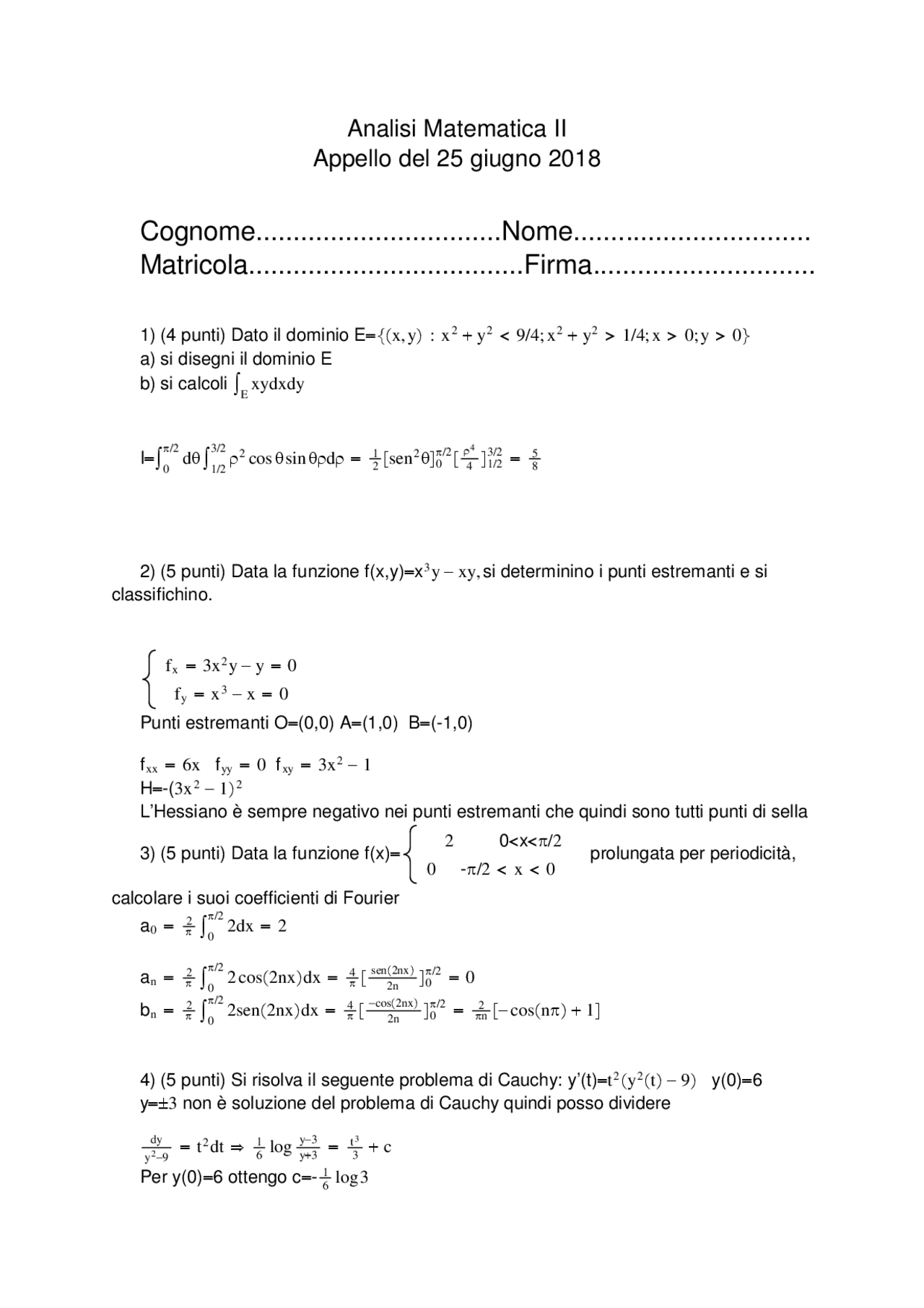 Soluzione Esame Analisi 2 Docsity