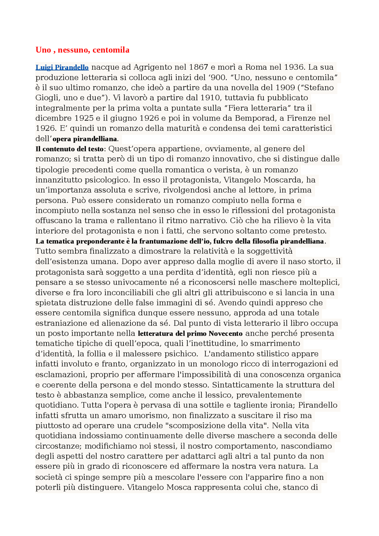 Uno Nessuno Centomila Pirandello Docsity
