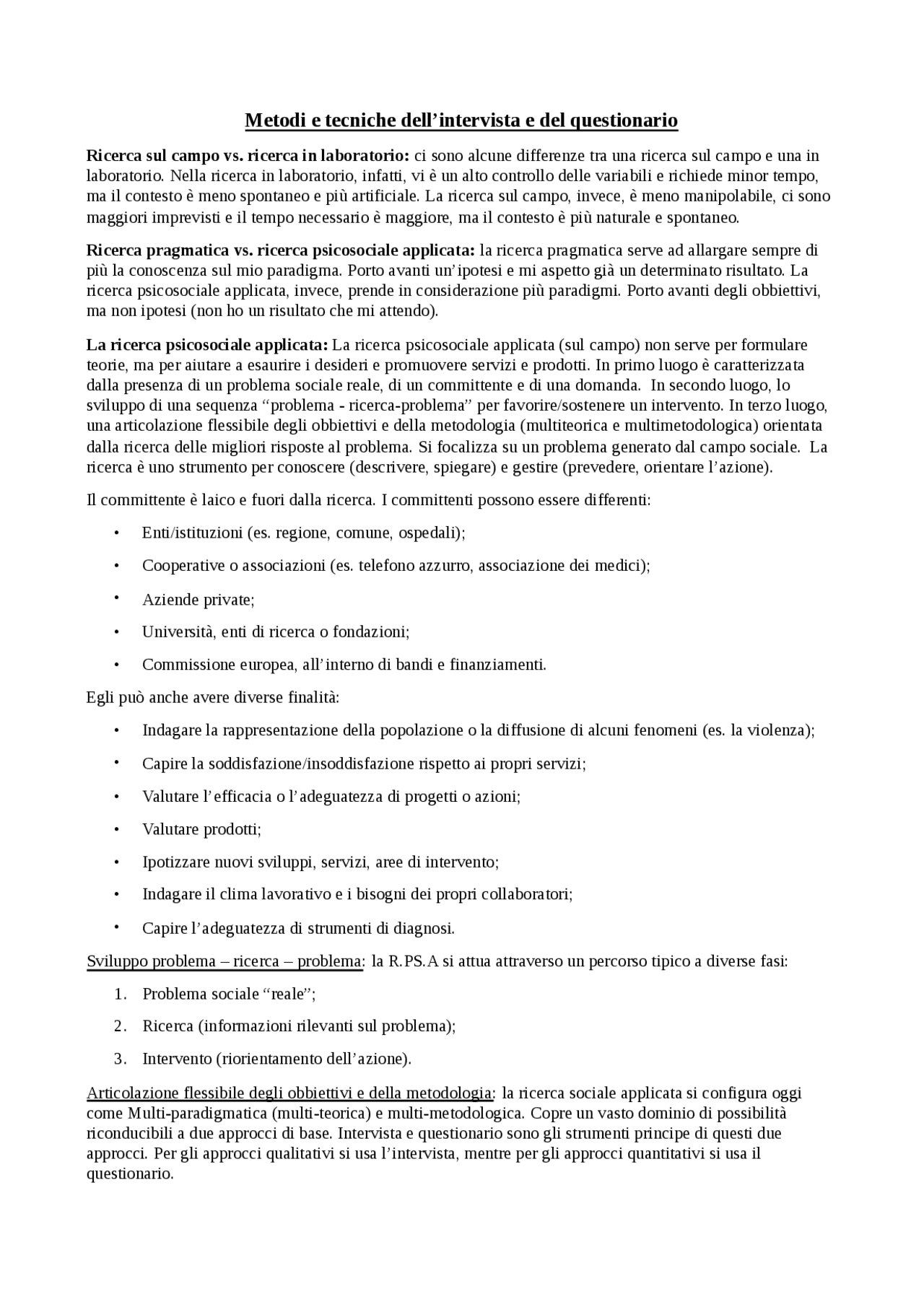 "metodi e tecniche dell'intervista e del questionario" - università ...