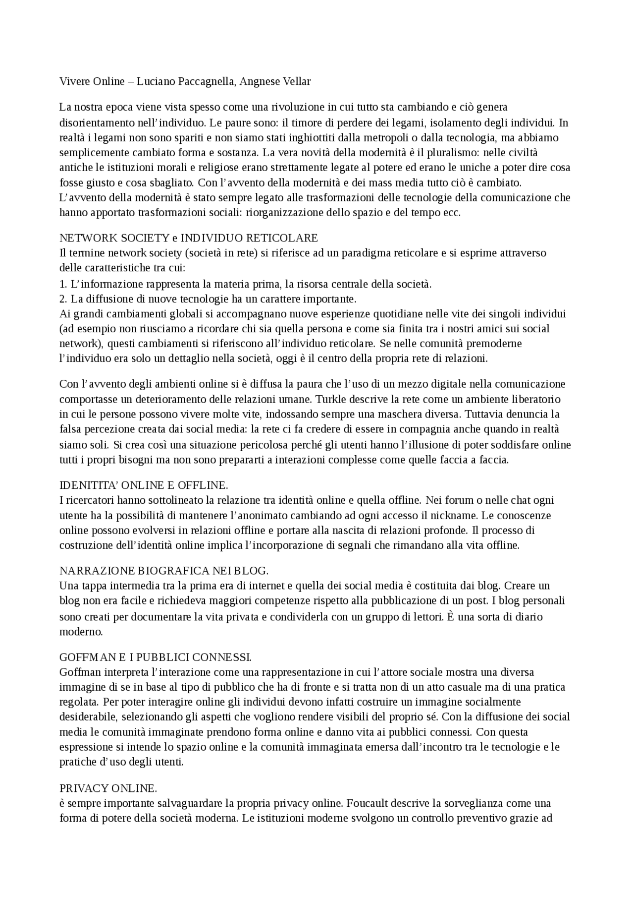 Riassunto del libro 'Vivere Online' di Paccagnella Vellar - Docsity