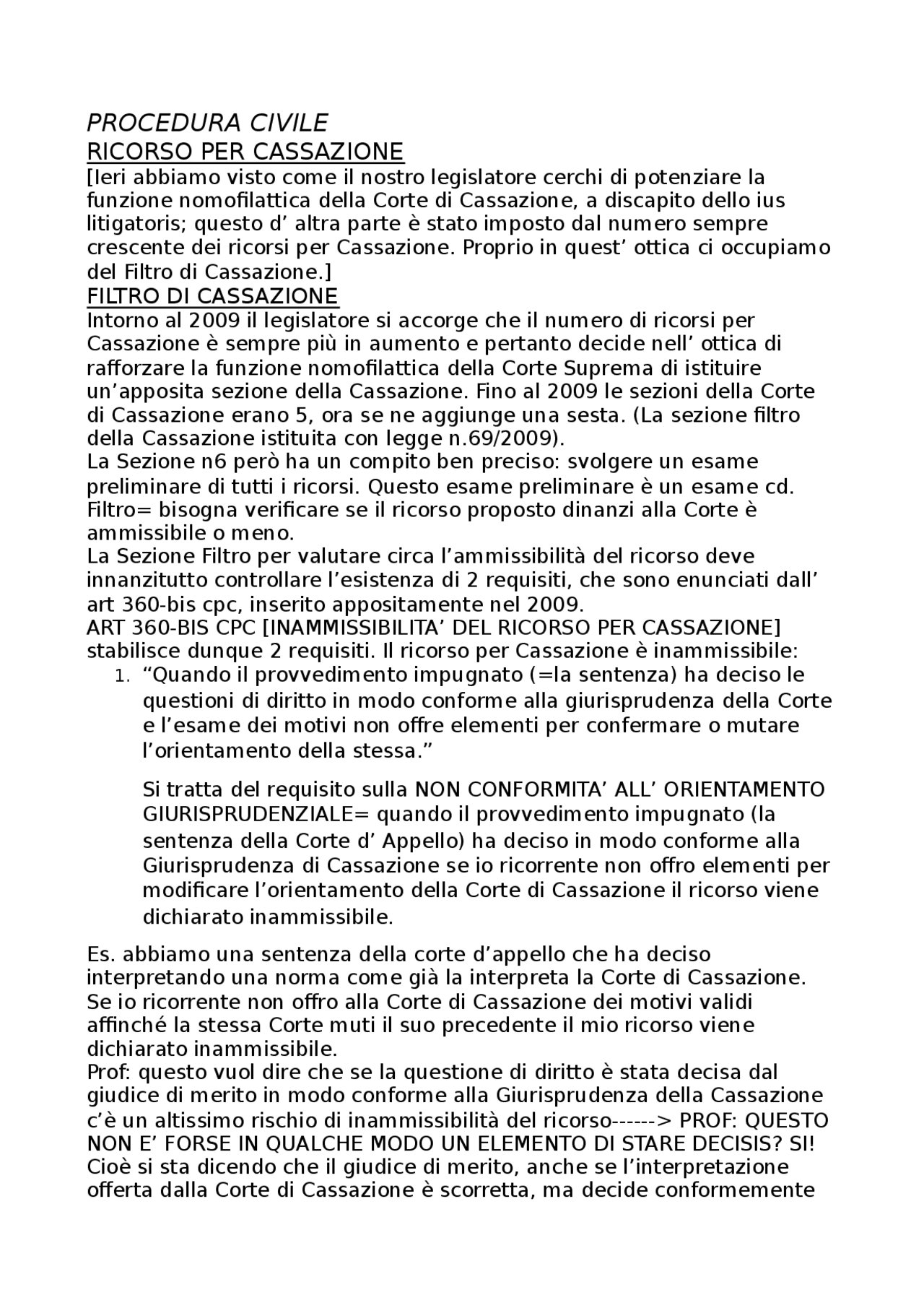 Ricorso Per Cassazione Procedimento Docsity