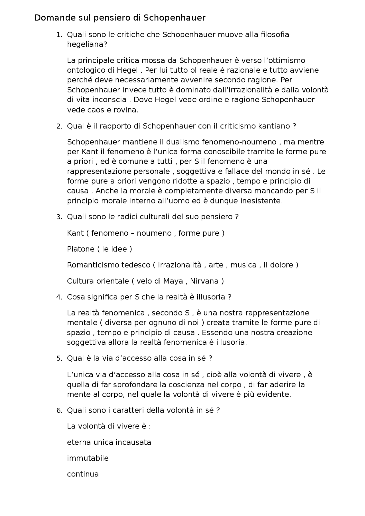 Schopenhauer e il suo pensiero - Docsity