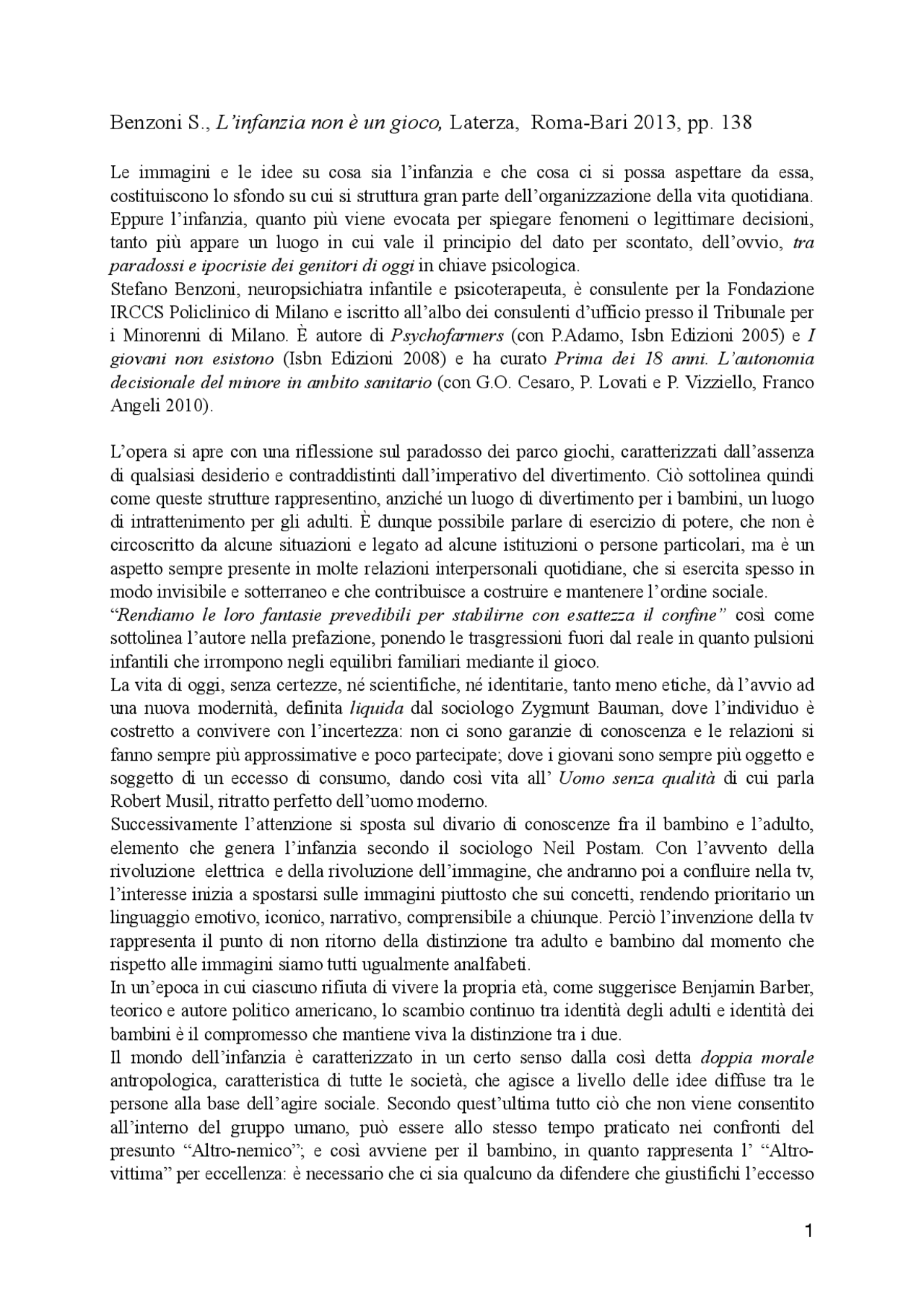 Linfanzia Non è Un Gioco Docsity