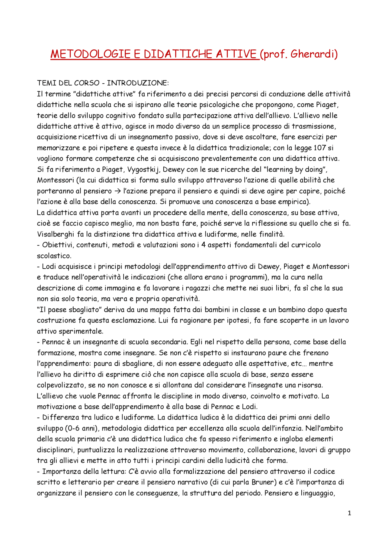 Appunti Metodologie E Didattiche Attive Prof Ssa Gherardi Docsity