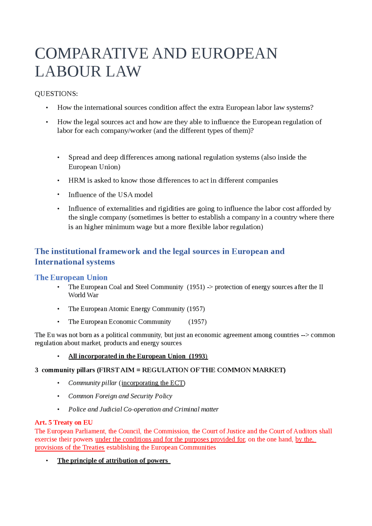 Comparative and European Labour Law (Diritto del Lavoro Europeo) - Docsity