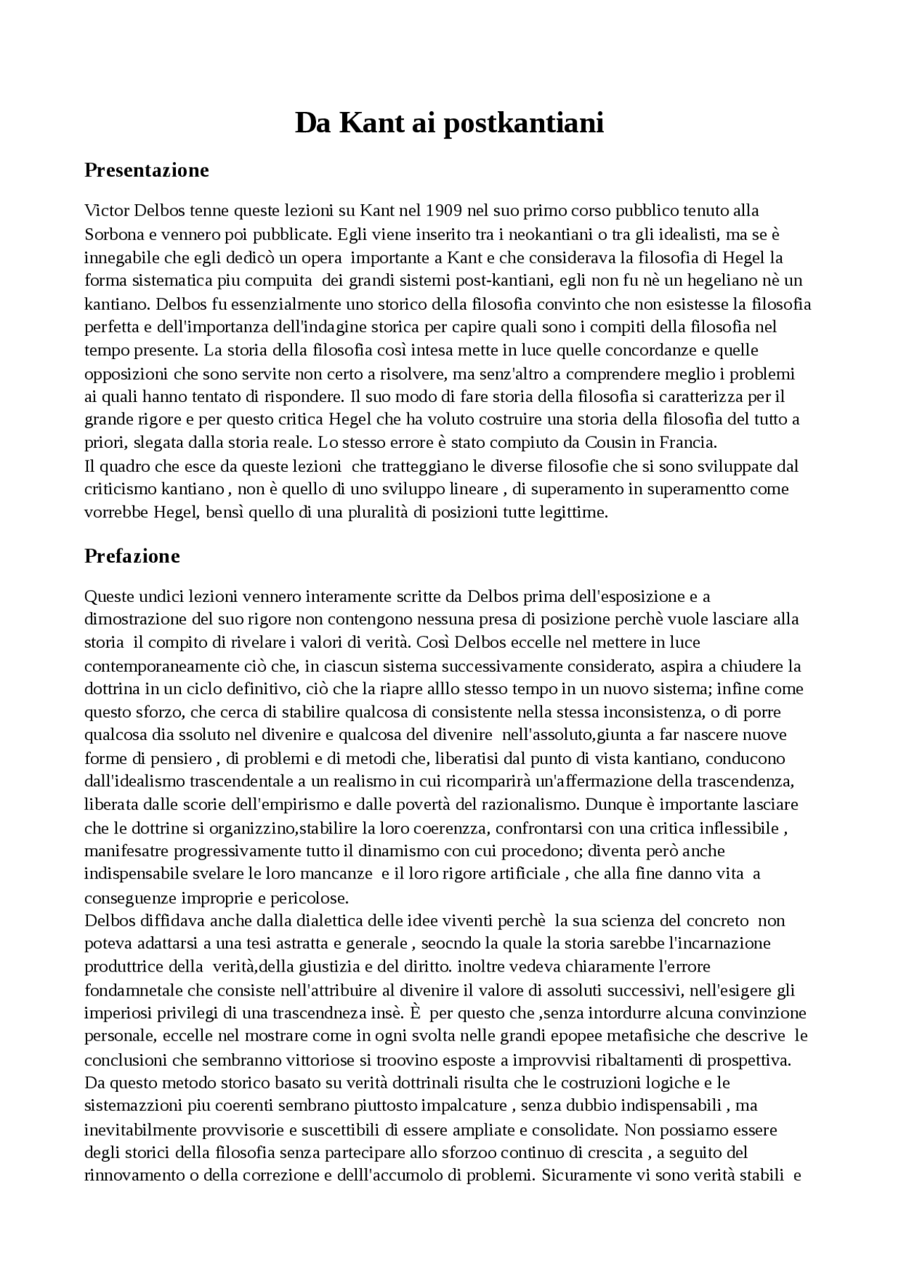 Da Kant ai post kantiani di Victor Delbos - Docsity
