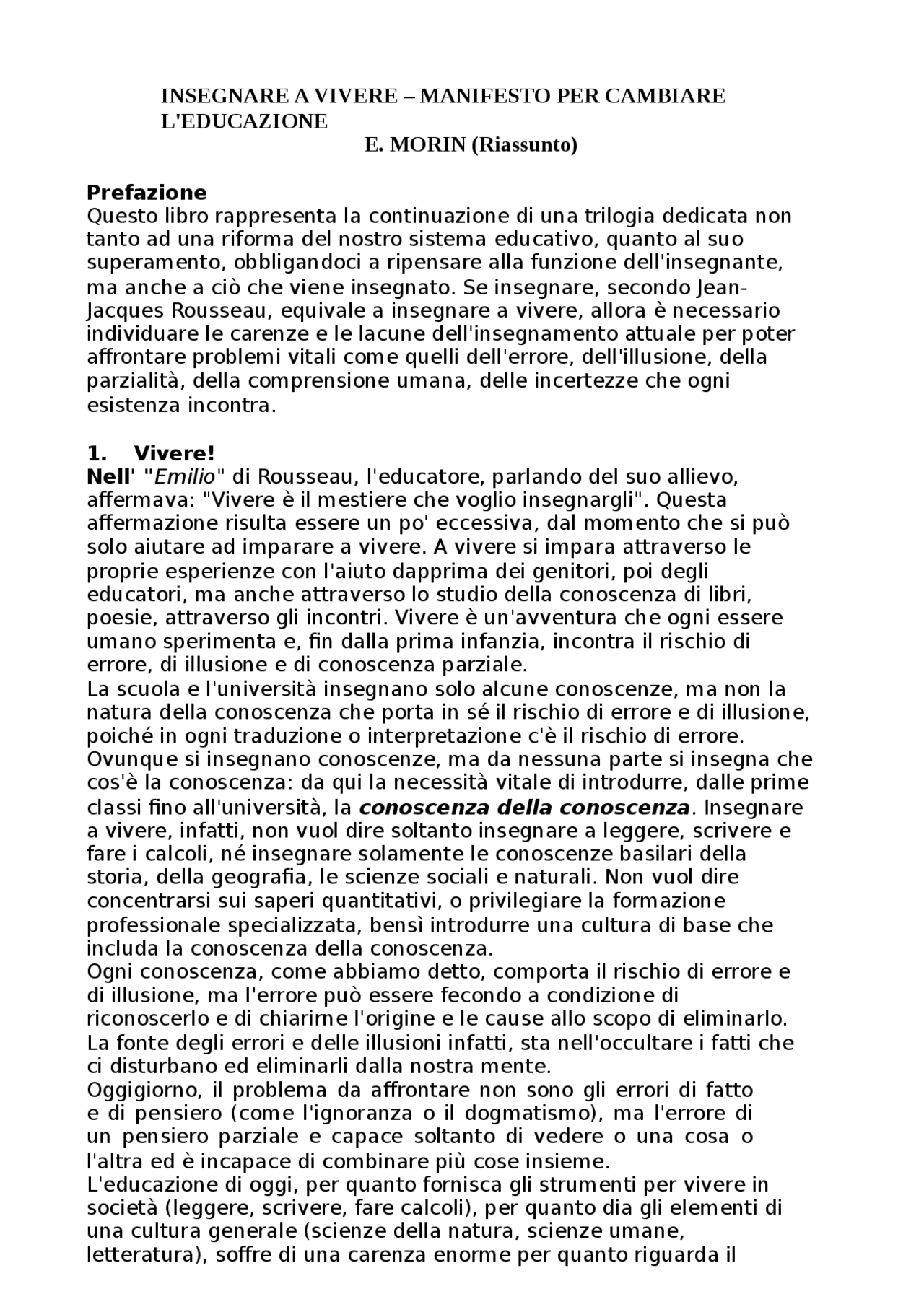 Insegnare A Vivere Manifesto Per Cambiare Leducazione E Morin Docsity