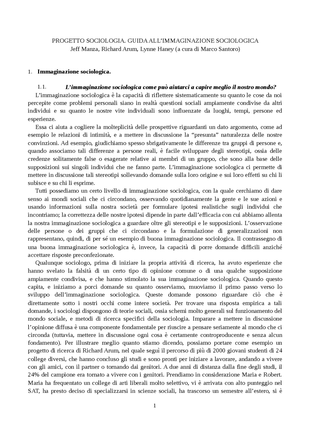 Riassunto di "Progetto Sociologia. Guida all'immaginazione sociologica ...