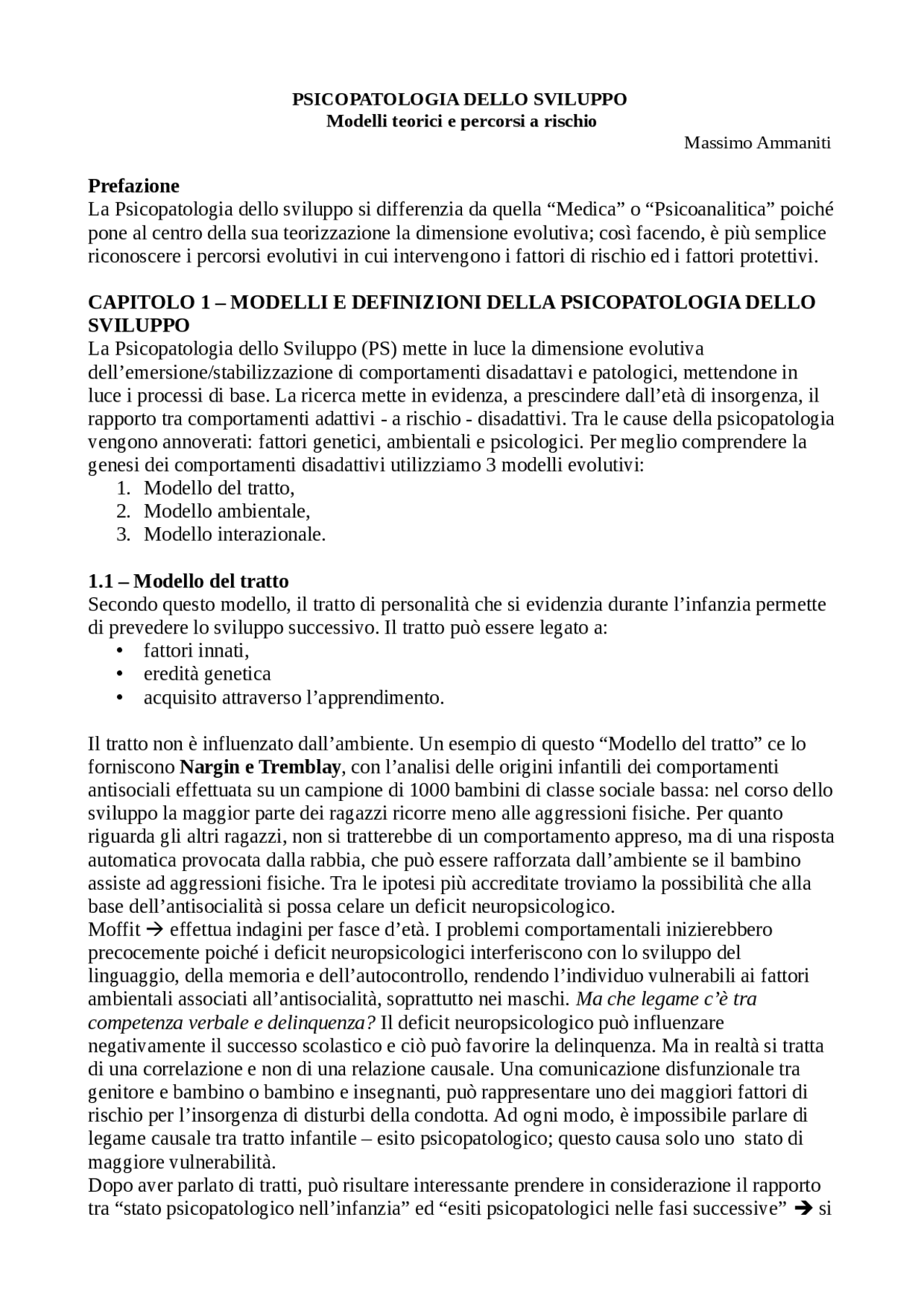 Psicopatologia dello sviluppo. Modelli teorici e percorsi a rischio. - Docsity