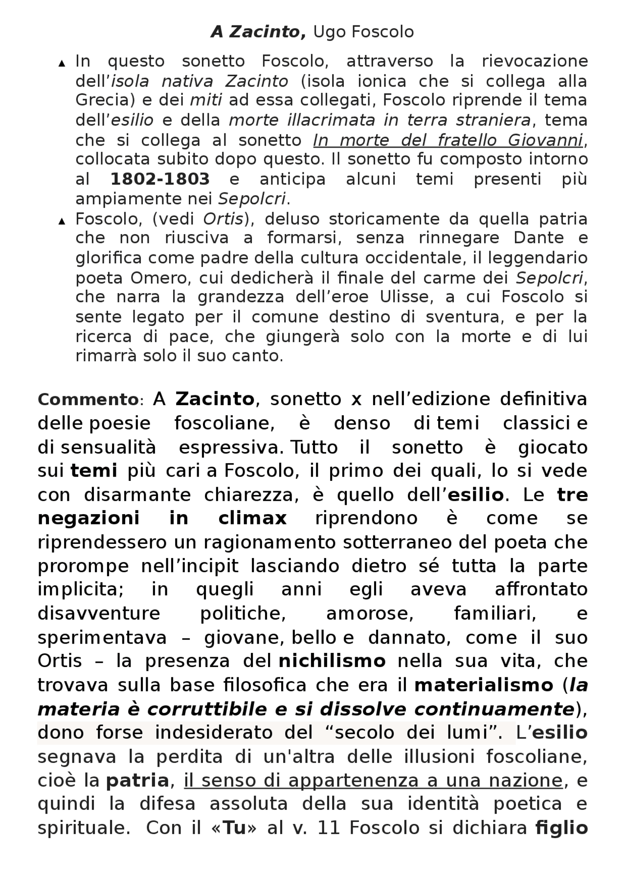Sonetto Di Ugo Foscolo A Zacinto Docsity