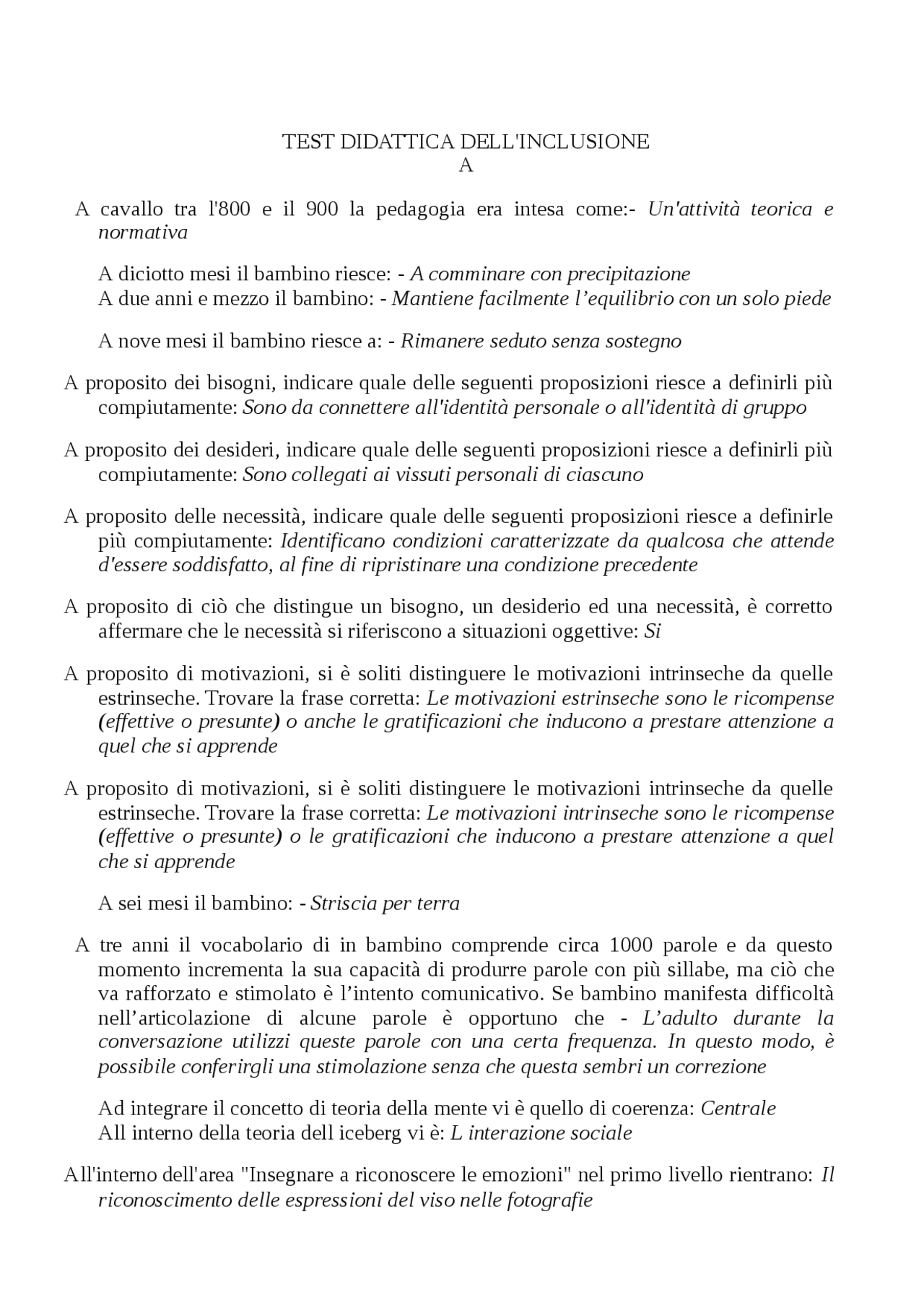Test Autovalutazione Didattica Dell Inclusione Pegaso Docsity
