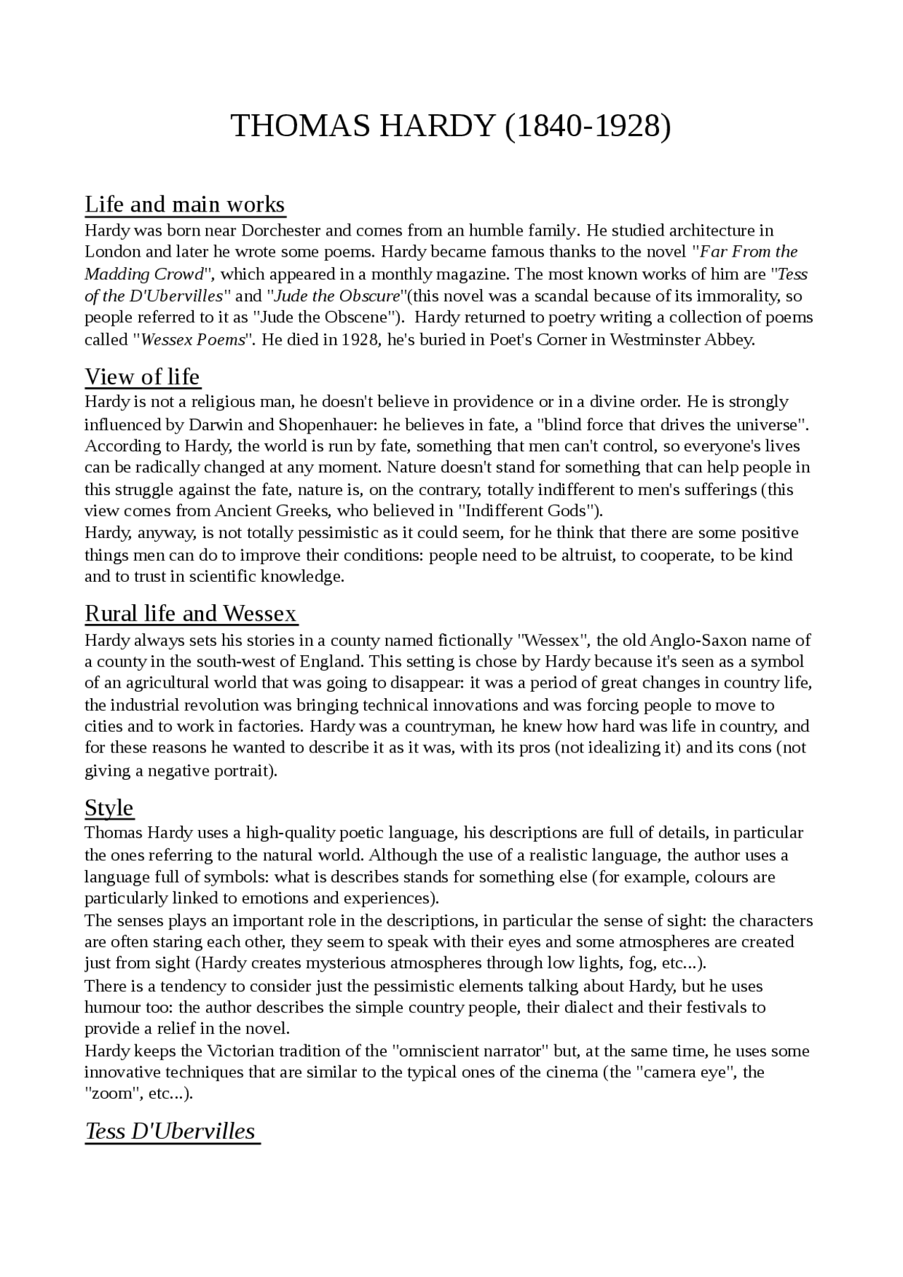 Thomas Hardy riassunto breve | Appunti di Letteratura Inglese | Docsity