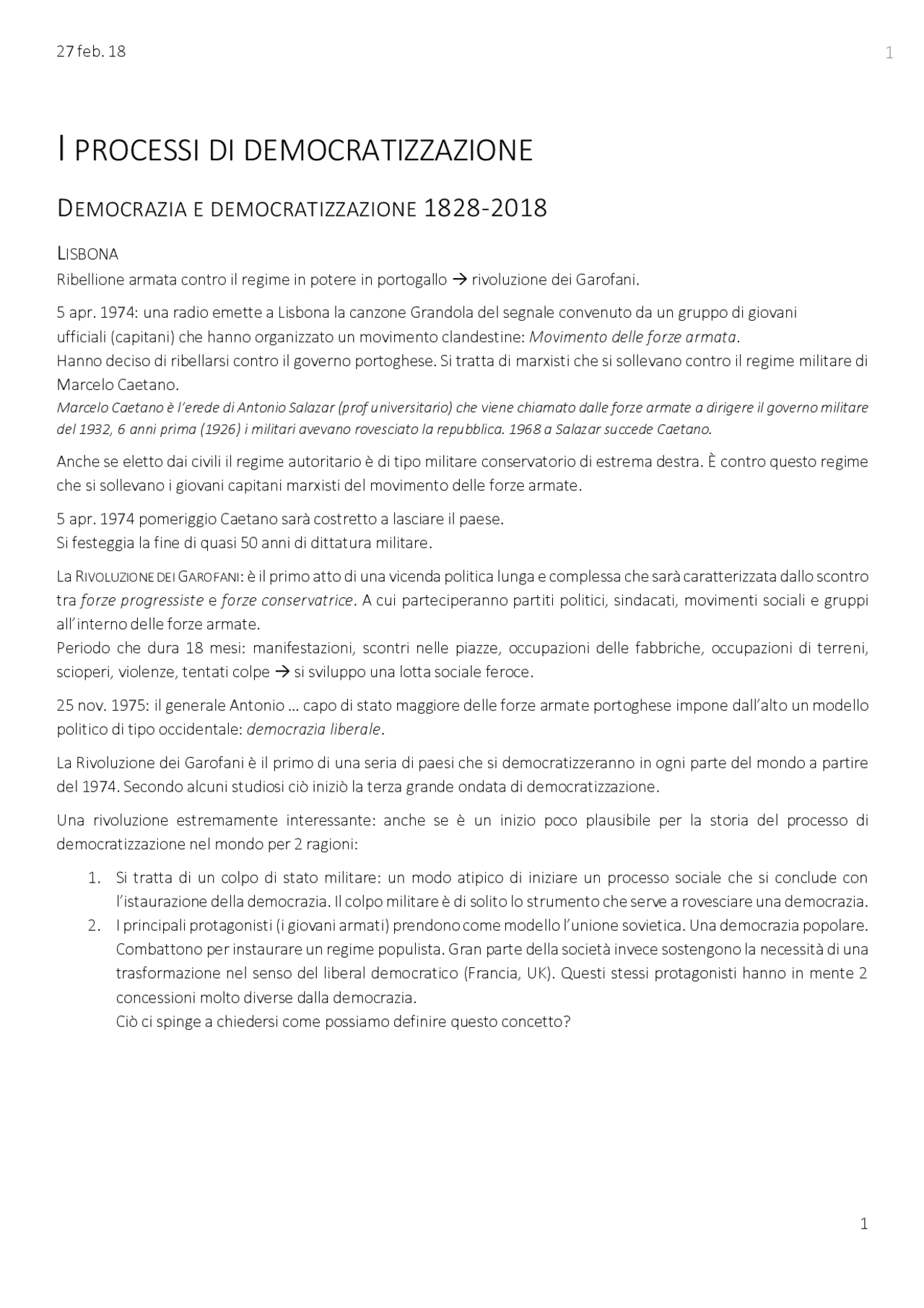 Politica Comparata Prima Parte I Processi Di Democratizzazione Docsity